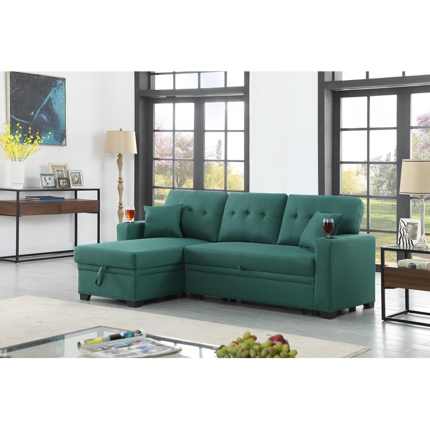 HomeStock Coastal Cool Reversible Fabric Sleeper Sofa Bed & Chaise With ...