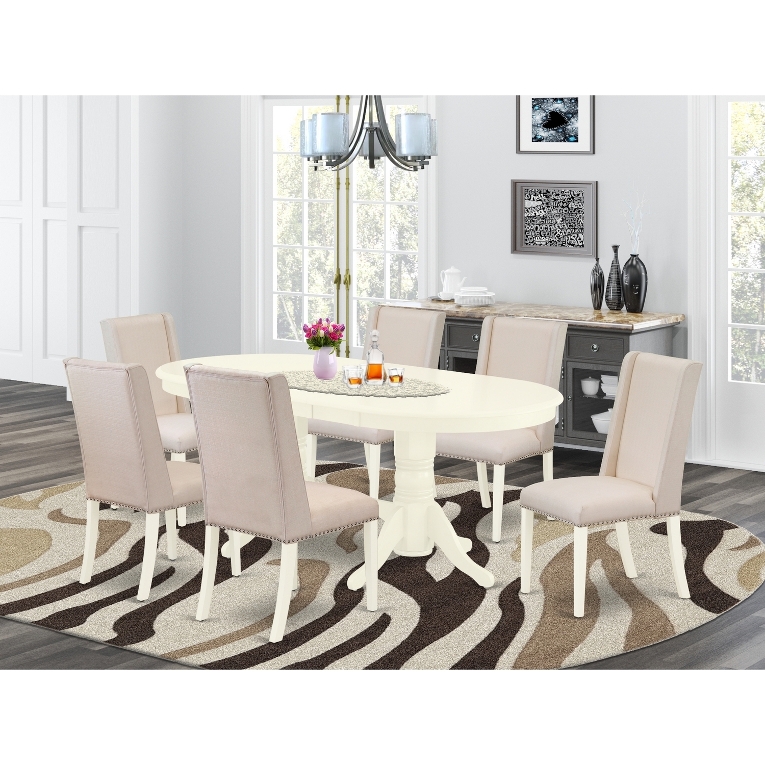 Coastal Cottage 7-Piece Dining Set - Round Table6 Parson Chairs - Linen ...