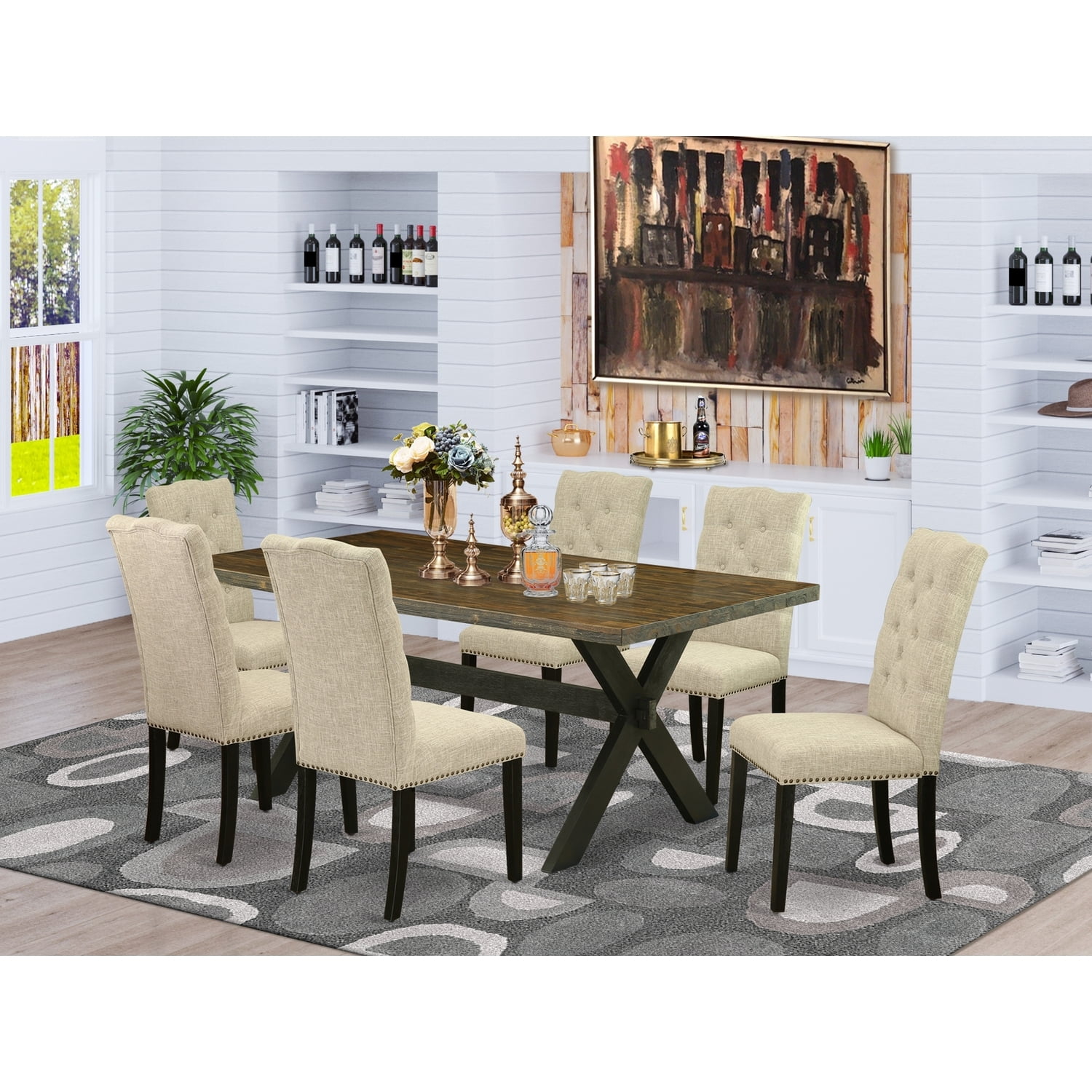 Coastal Cottage 7-Piece Dining Set - Solid Wood Table6 Parsons Chairs ...