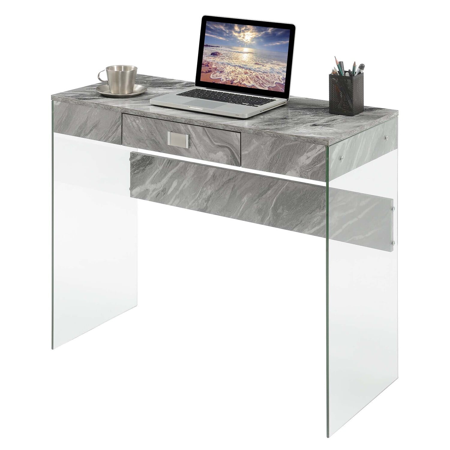 Coastal Craftsman Glass Desk with Drawer - 36" Modern Shabby Chic ...