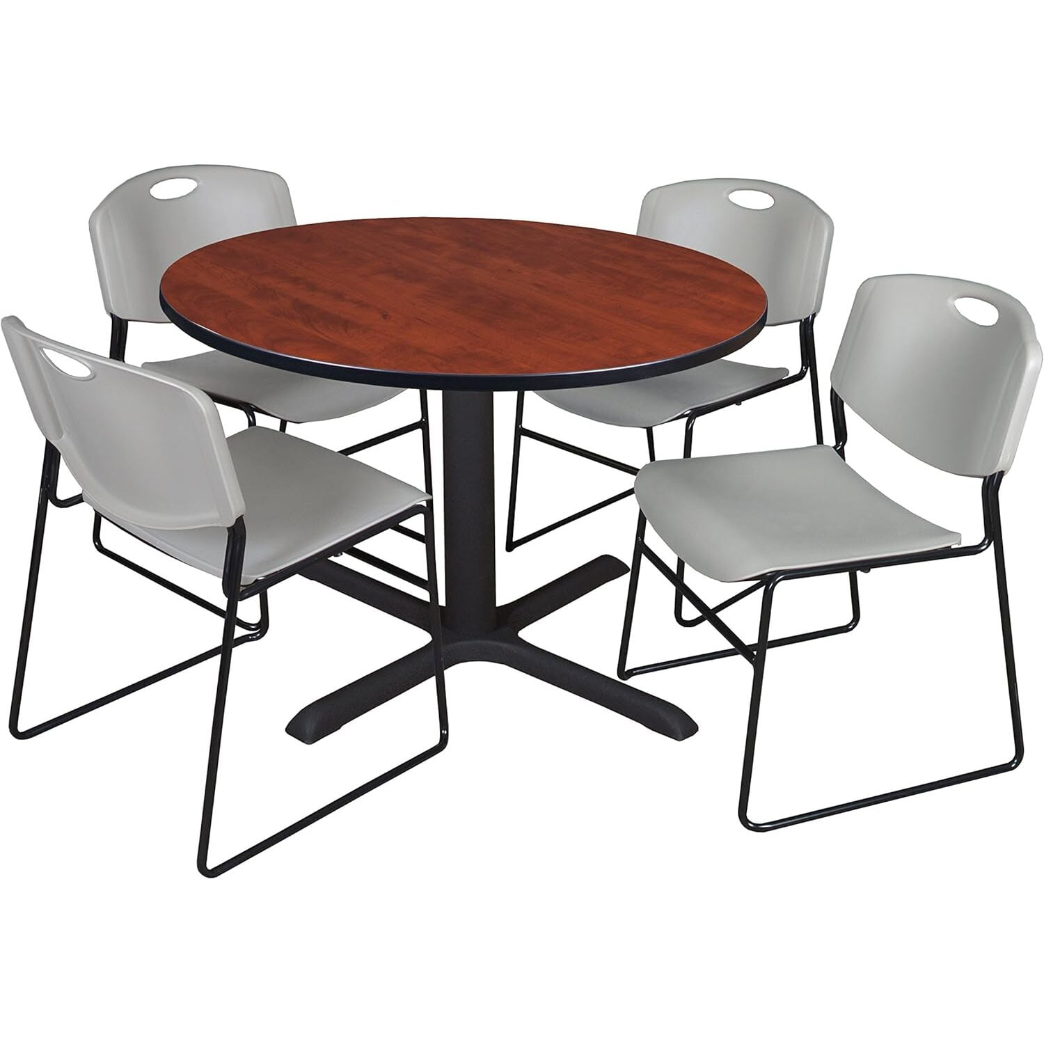 HomeStock Contemporary Cool 48" Round Breakroom Table- Cherry & 4 Zeng Stack Chairs- Grey, Ideal ...