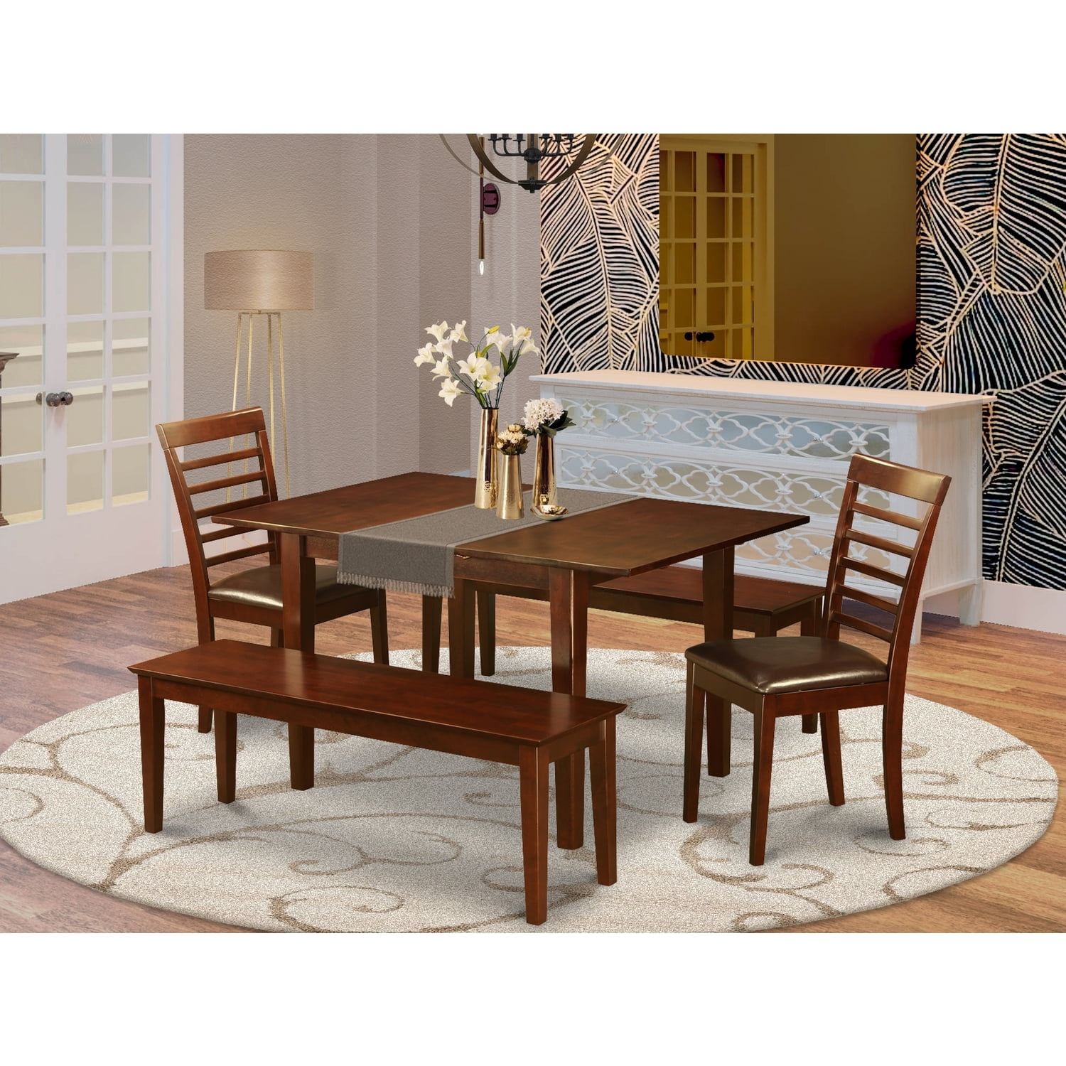 Contemporary 5 Piece Dining Set - Kitchen Table w/ Leaf & 2 Faux ...