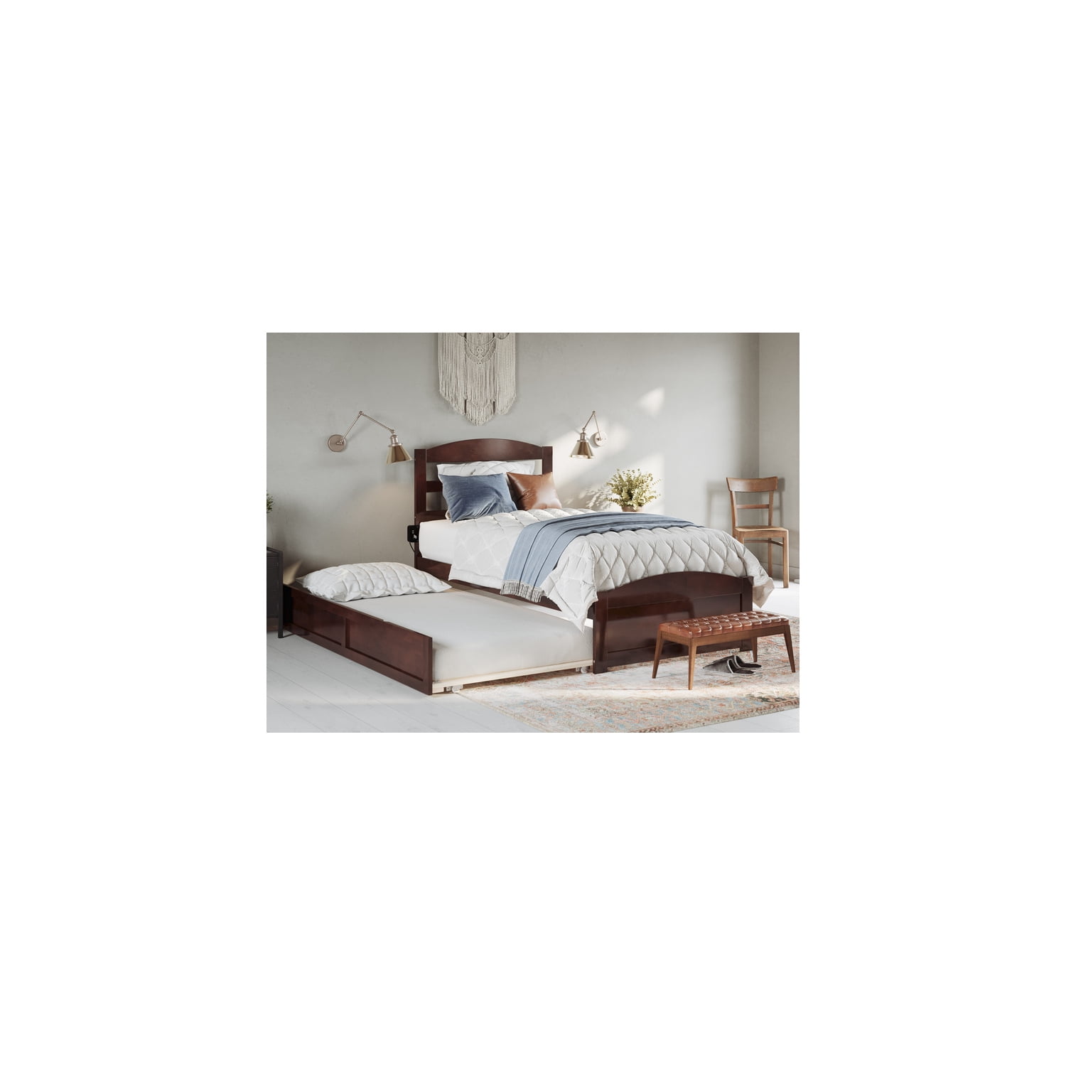 HomeStock Cool Platform Bed with Footboard and Twin Extra Long Trundle ...