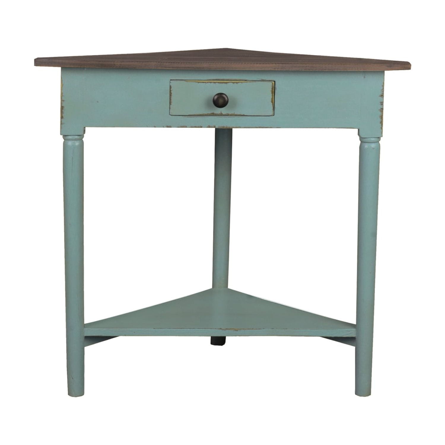 HomeStock Corner End Table With Shelf , Distressed Beach Blue/ Raftwood Brown Solid Wood , Fully ...