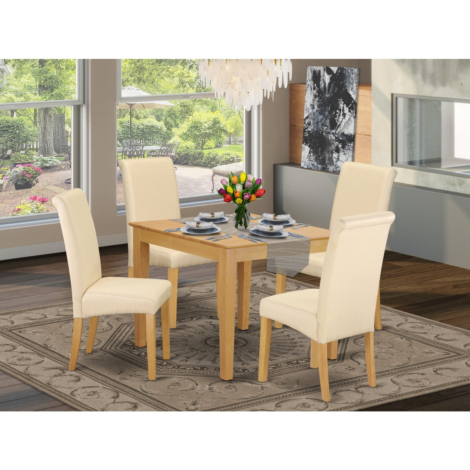 HomeStock Country Cottage 5Pc Square Table With Linen Beige Fabric ...