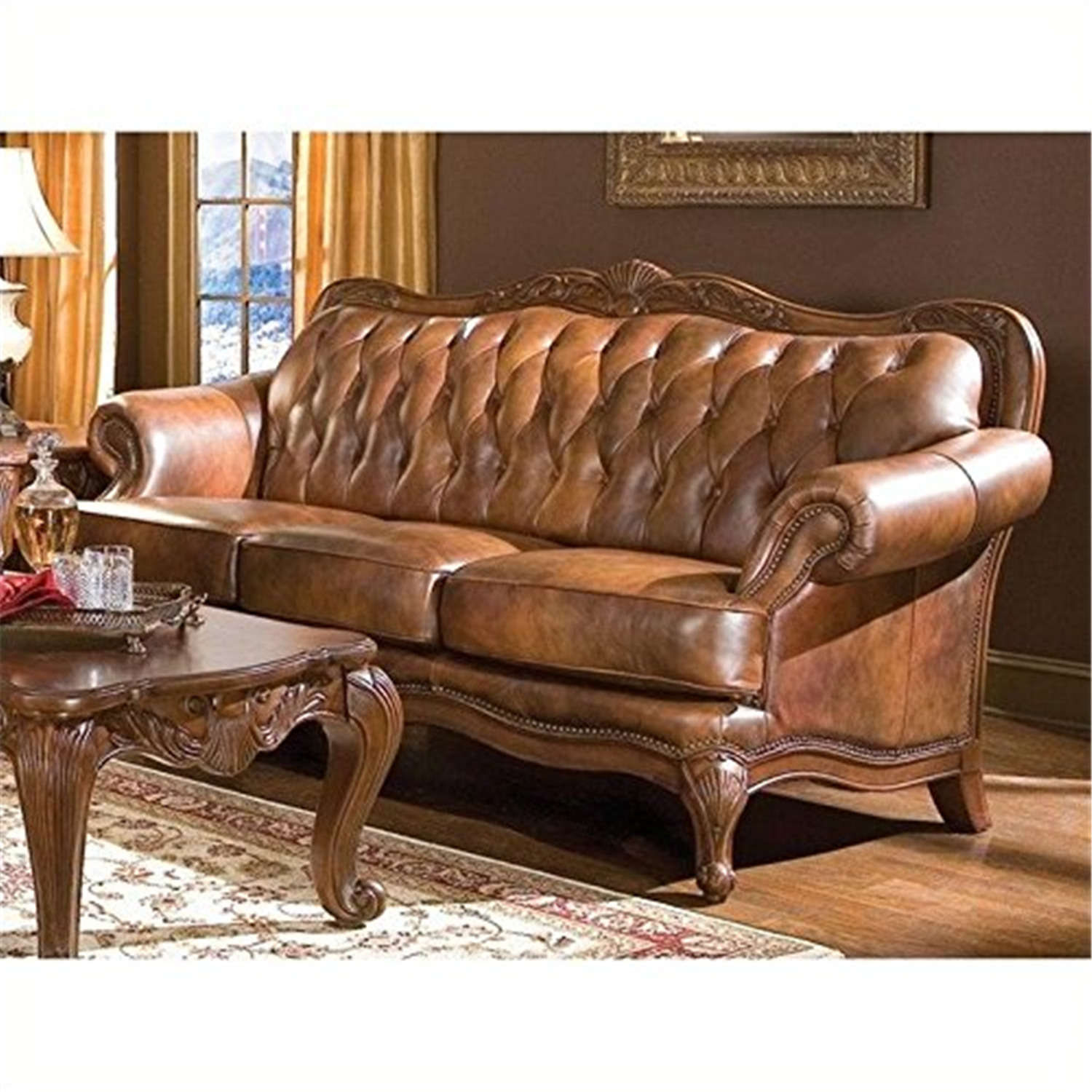 HomeStock Leather Nailhead Trim Classic Rolled Arm Sofa, Warm brown ...