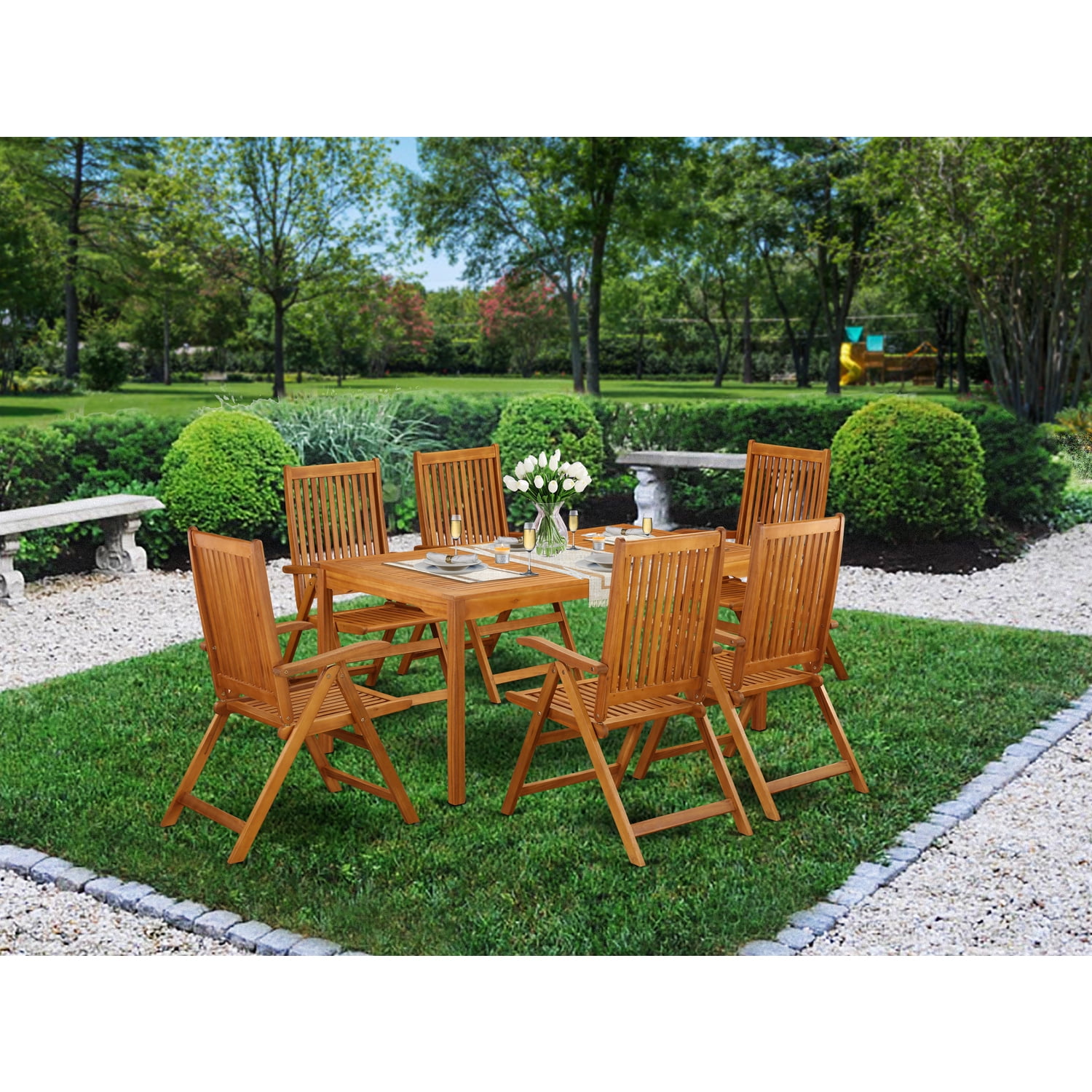 Acacia Outdoor Dining Set 7 Piece - Wooden Patio Table & Folding Chairs ...