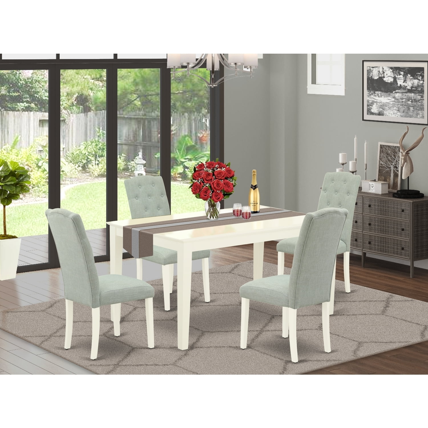 5-Piece Dining Set - Rectangle Table & 4 Parsons Chairs - Linen White & Baby Blue - Walmart.com