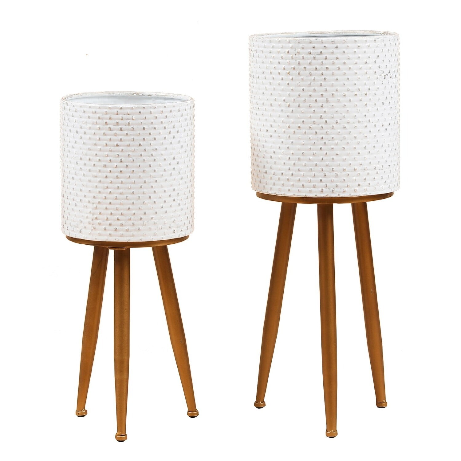 Metal Cachepots Set of 2 - White & Bronze Planters with Stands - Indoor ...