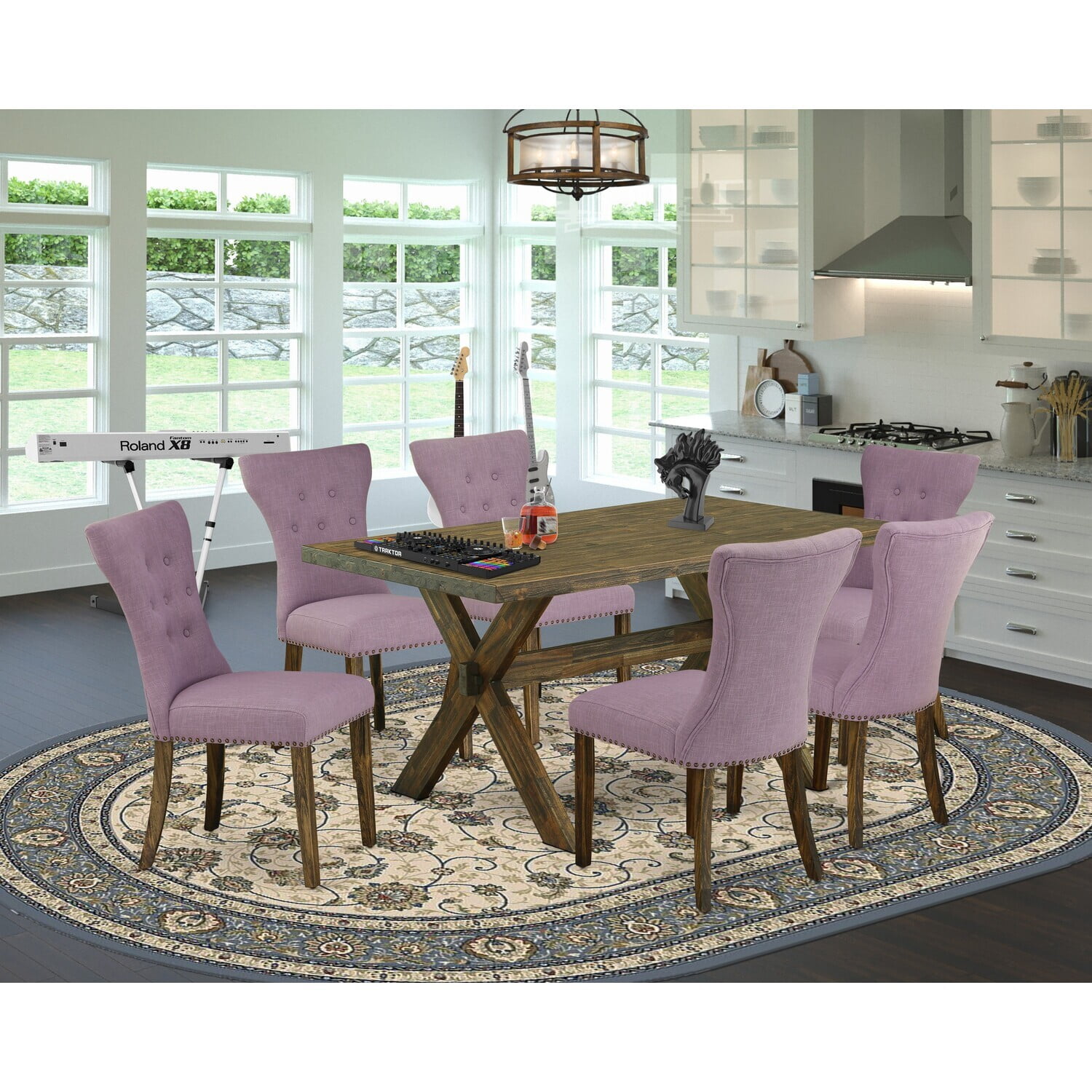7-Piece Kitchen Dining Set - Rectangular Table6 Parsons Chairs - Linen ...