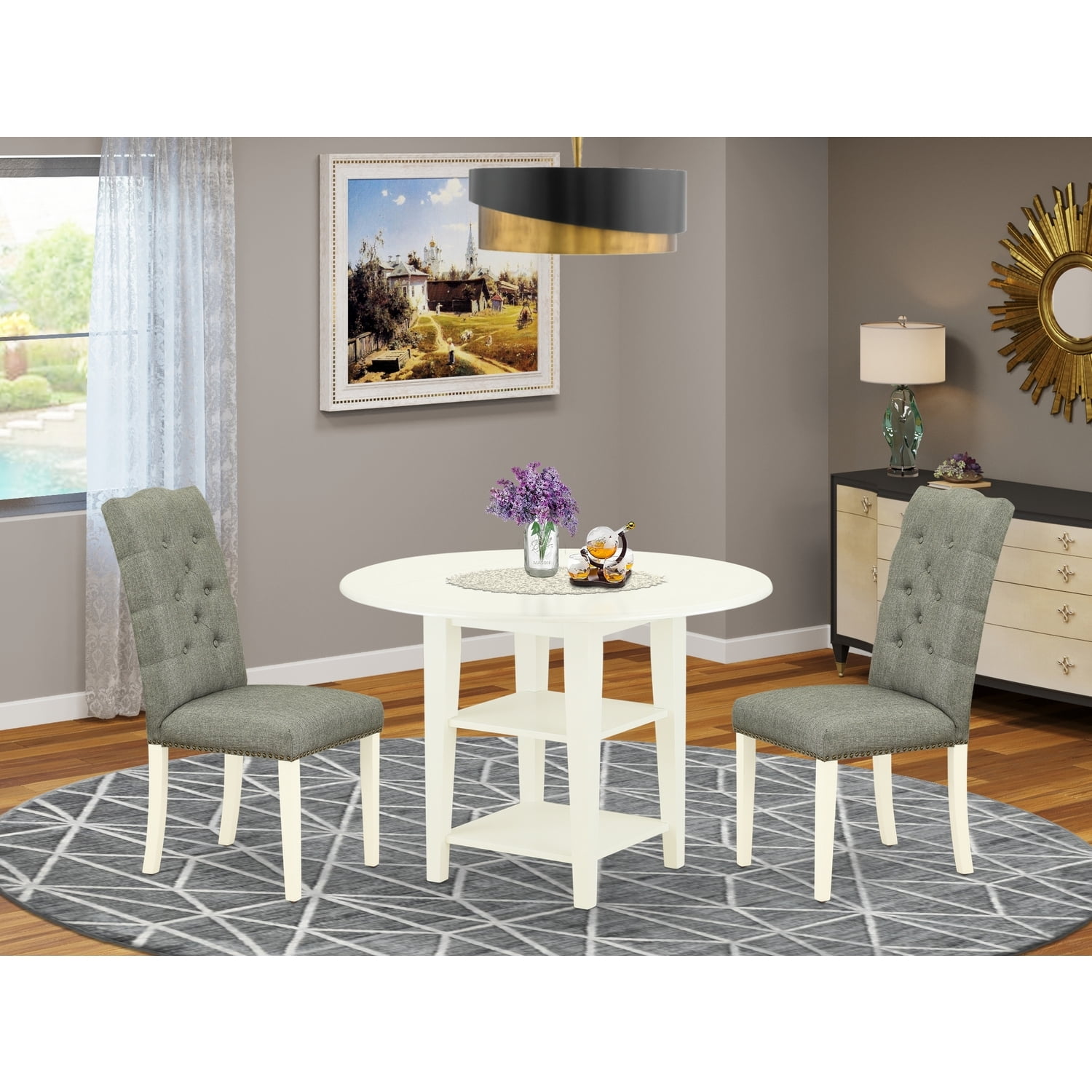 Farmhouse Dining Set - Round Table with 2 Fabric Chairs - Modern ...