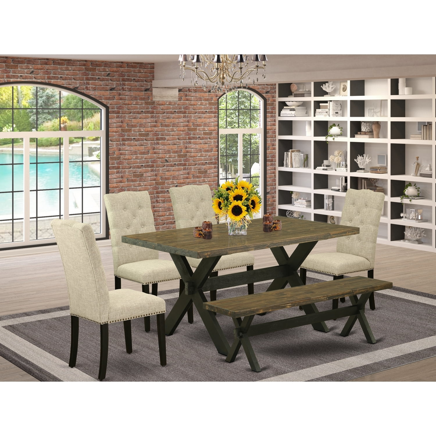 HomeStock Farmhouse Fresh 6-Pc Dining -Doeskin Linen Fabric Seat ...