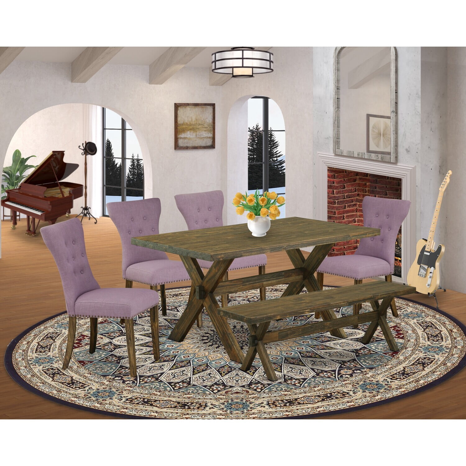 HomeStock Farmhouse Fresh 6-Piece Wood Dining Table Set-Dahlia Linen ...