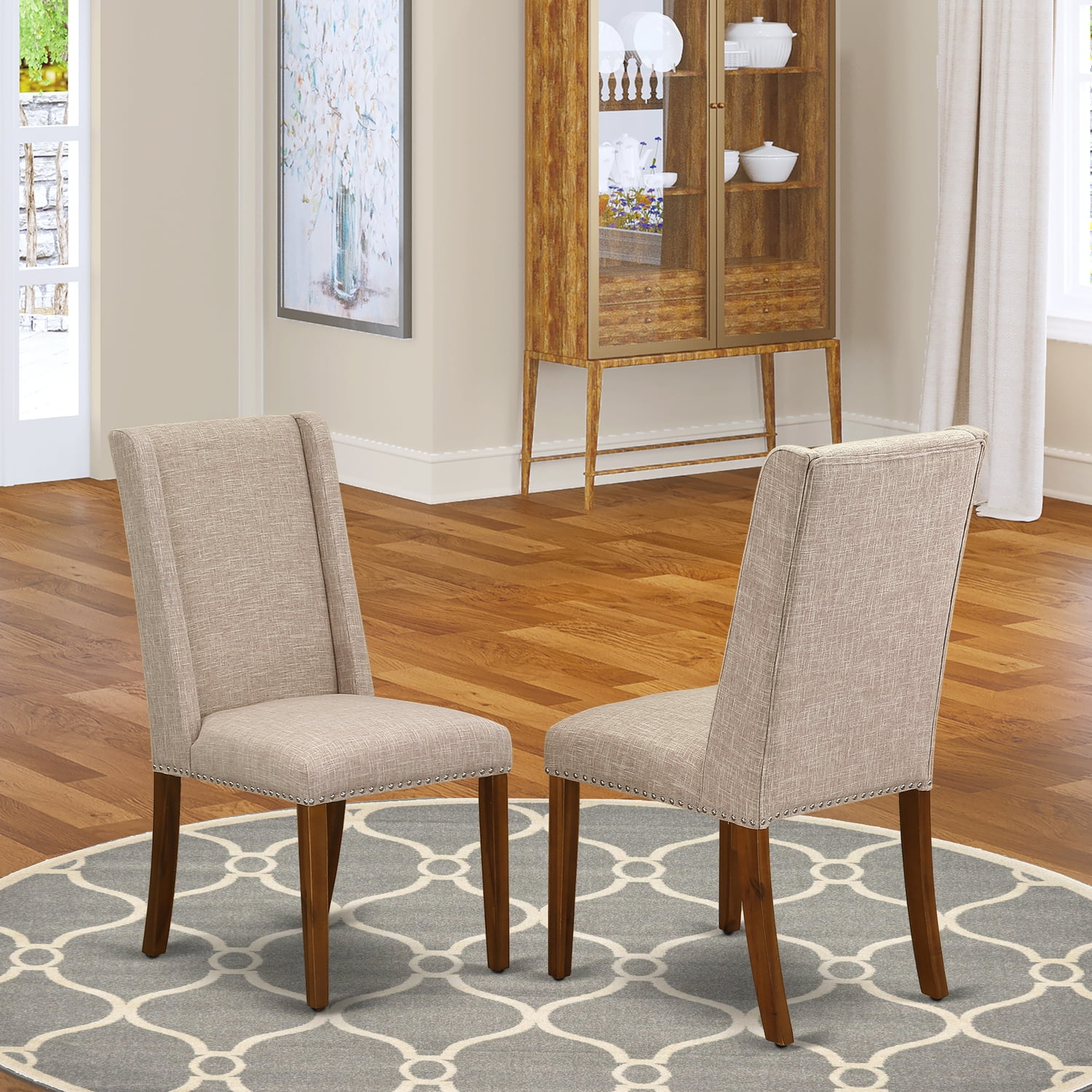 Modern Parsons Dining Chairs - Linen Fabric, Nailhead Trim - Set of 2 ...