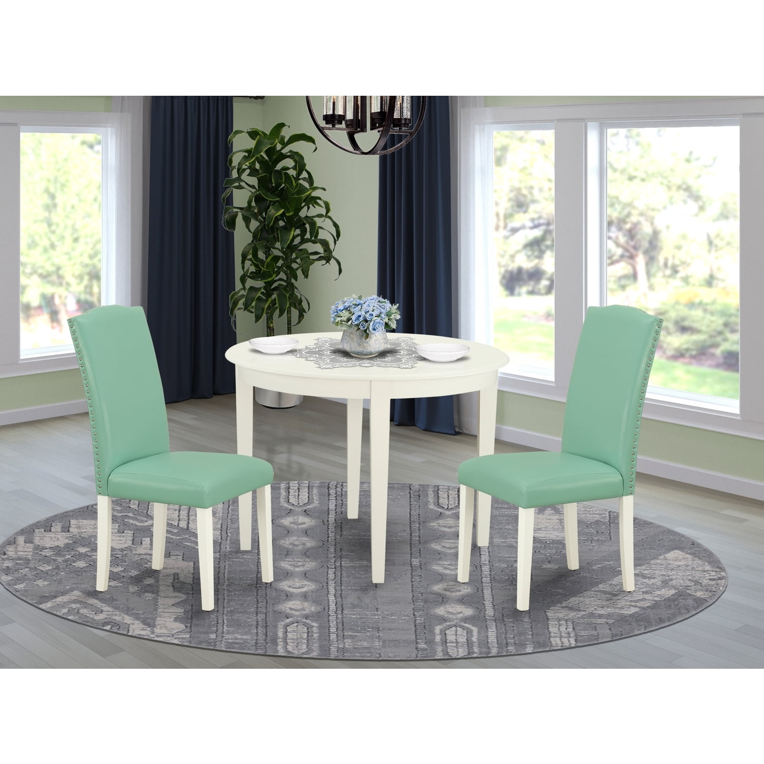Round Dining Table Set 3pc French Country Kitchen Table & Chairs Linen ...