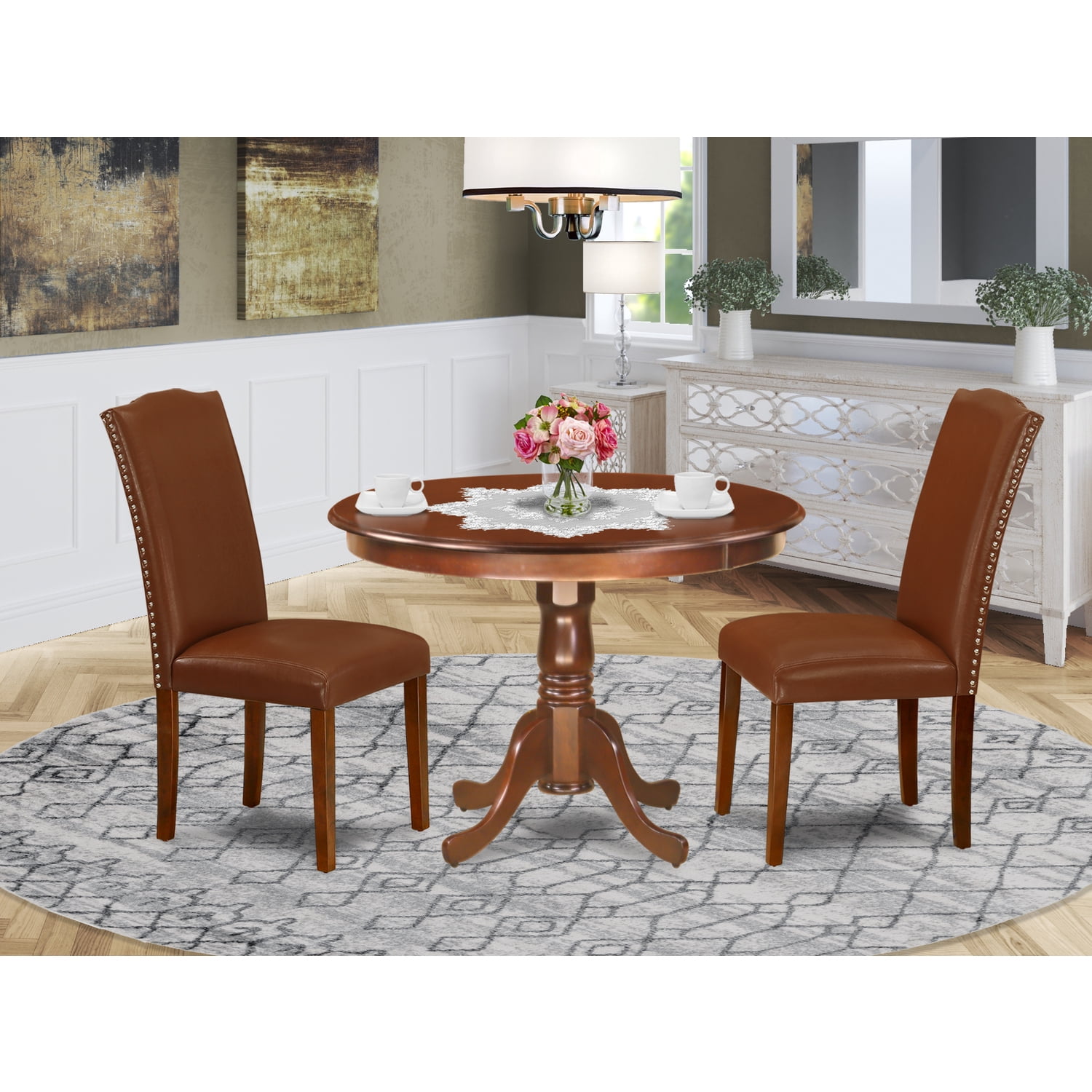 Dining Room Table Set 3pc 42 Inch Round Table w/ 2 Parsons Chairs ...