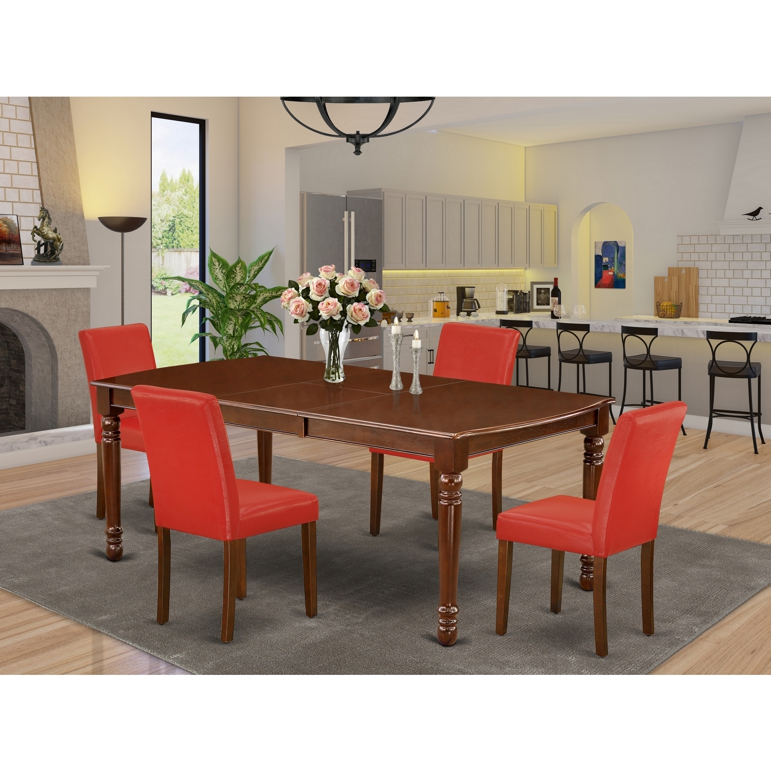 Rectangular Dining Set 5Pc Table W/ Leaf & 4 Parsons Chairs - Firebrick ...
