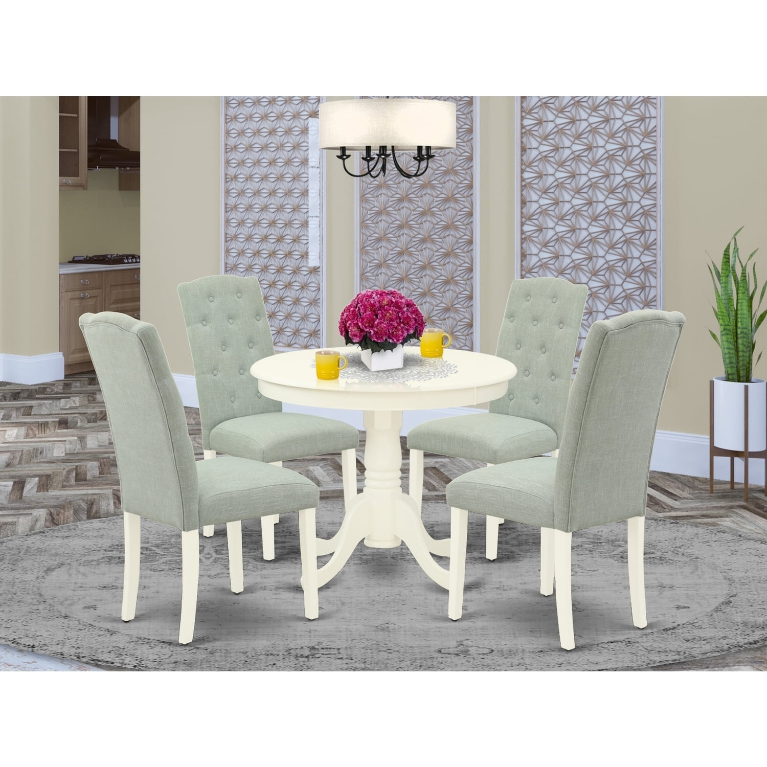 5 Piece Dinette Set - Round Kitchen Table with 4 Linen Chairs - 36 Inch ...