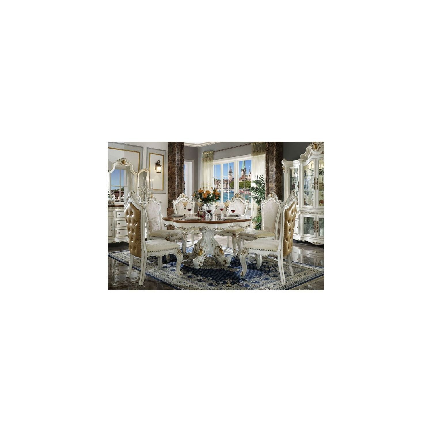 HomeStock French Flair Dining Table w/Single Pedestal, Antique Pearl ...