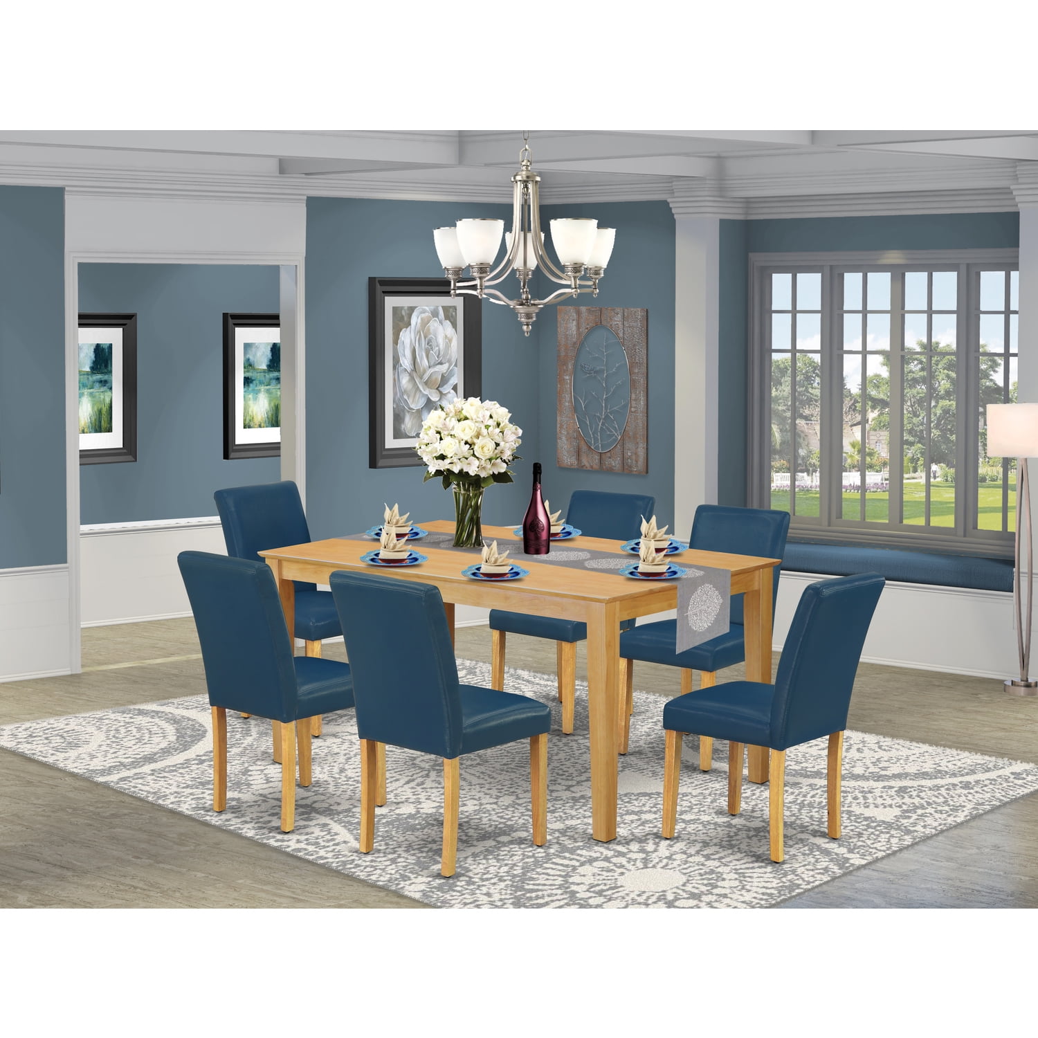 Glam Dining Set 7Pc Rectangle Table & Chairs - Oasis PU Leather Oak ...