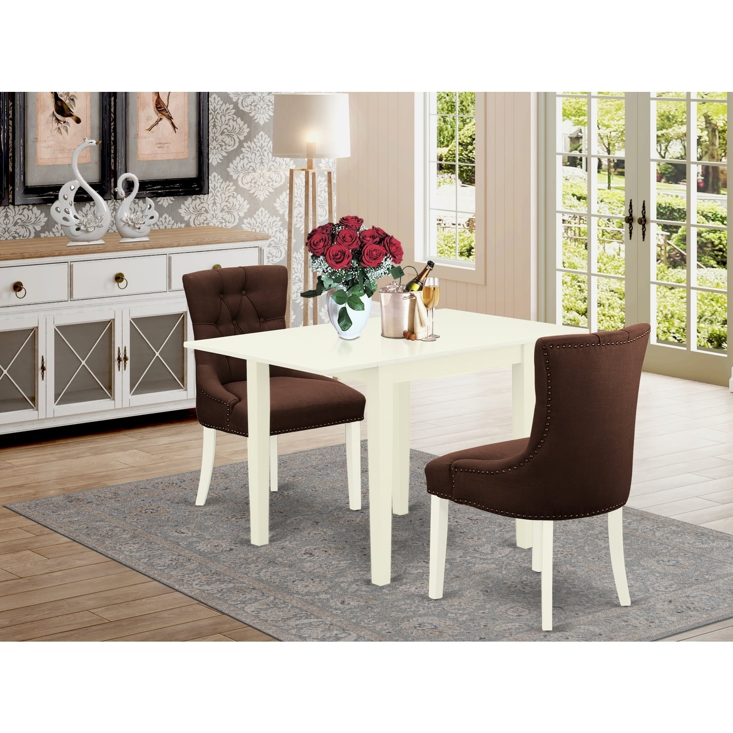 Glam Dinette Set - 3 Piece Dining Table & Chairs - Linen White Wood ...