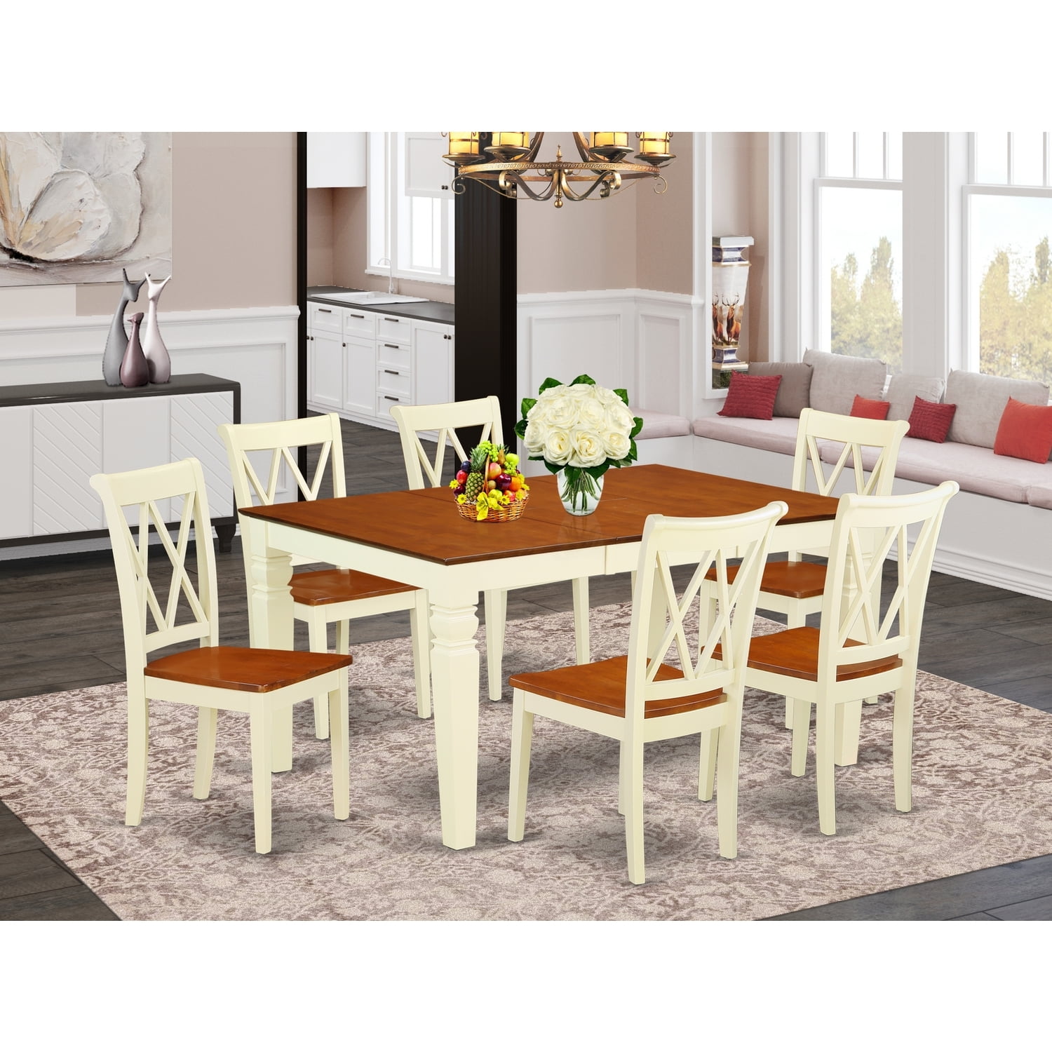 Rectangular Dining Table Set - 7Pc Table & Chairs - 42/60 Inch Table ...