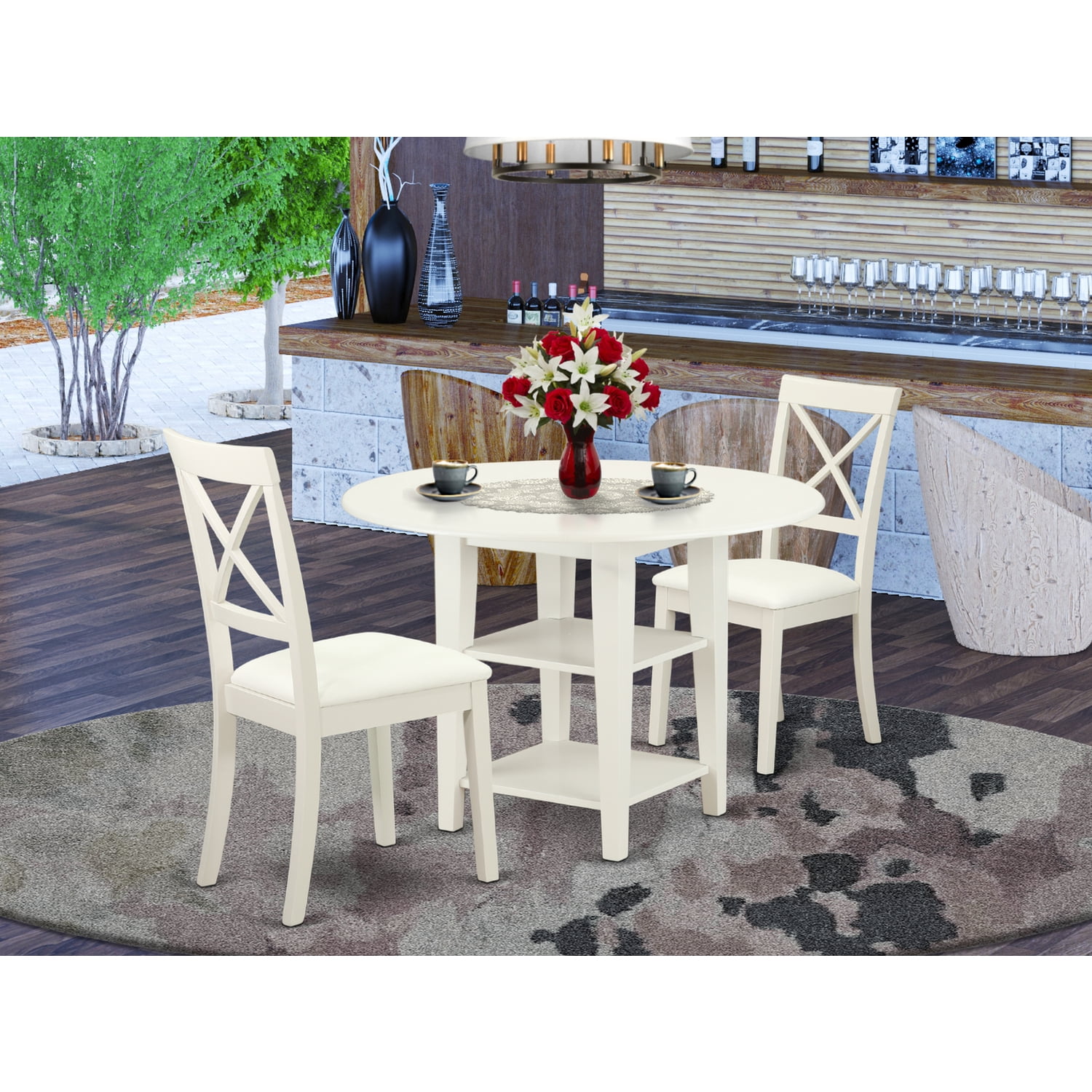 Gothic Dinette Set 3Pc Table & Chairs Faux Leather Linen White Glamour ...