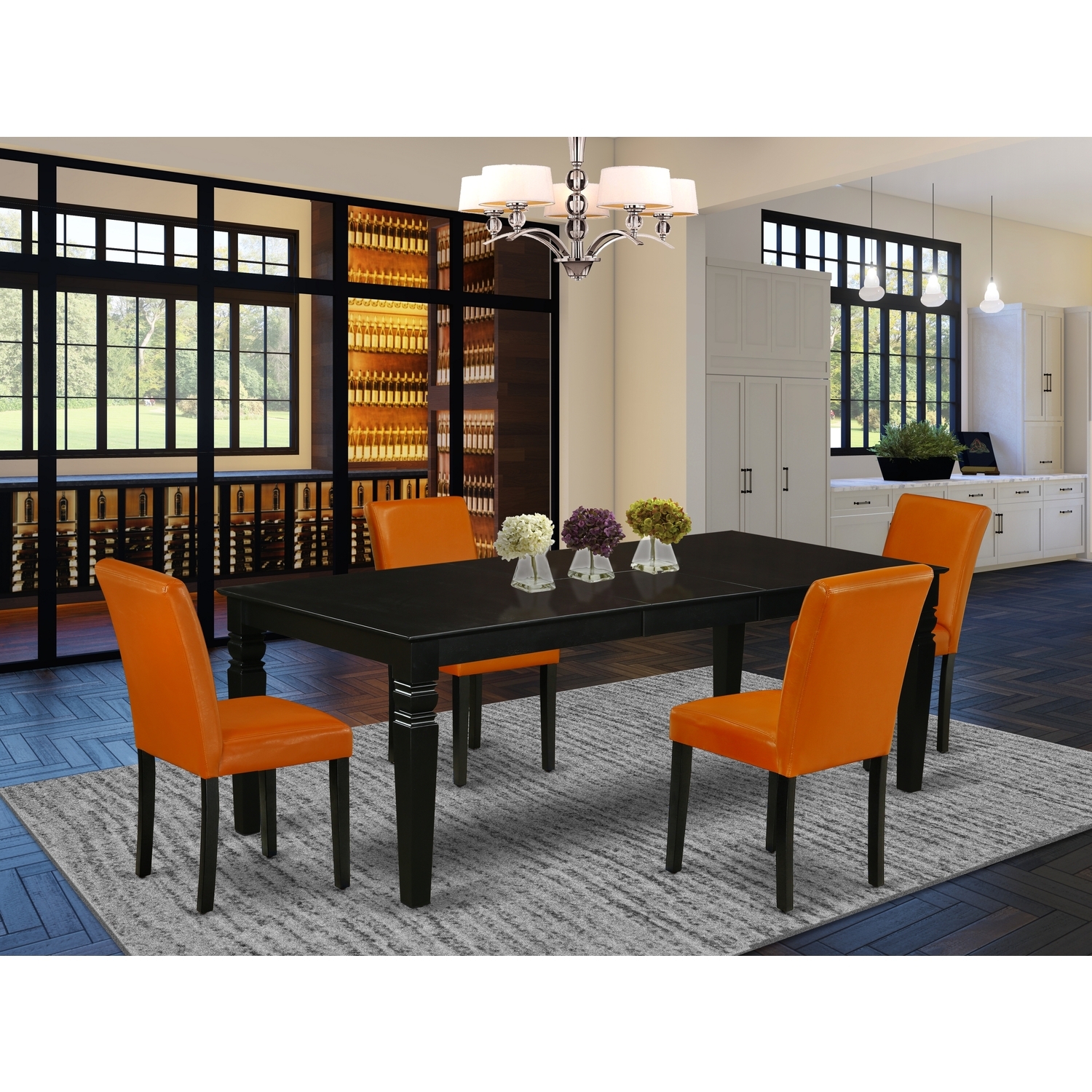 Rectangular Dining Table Set 5pc Gothic Glamour PU Leather Chairs Black ...