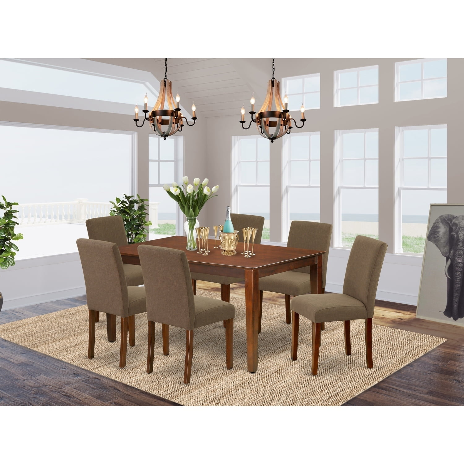 Gothic Dining Set 7Pc - Rectangle Table & 6 Chairs - Elegant Linen Fabric & Mahogany Legs ...