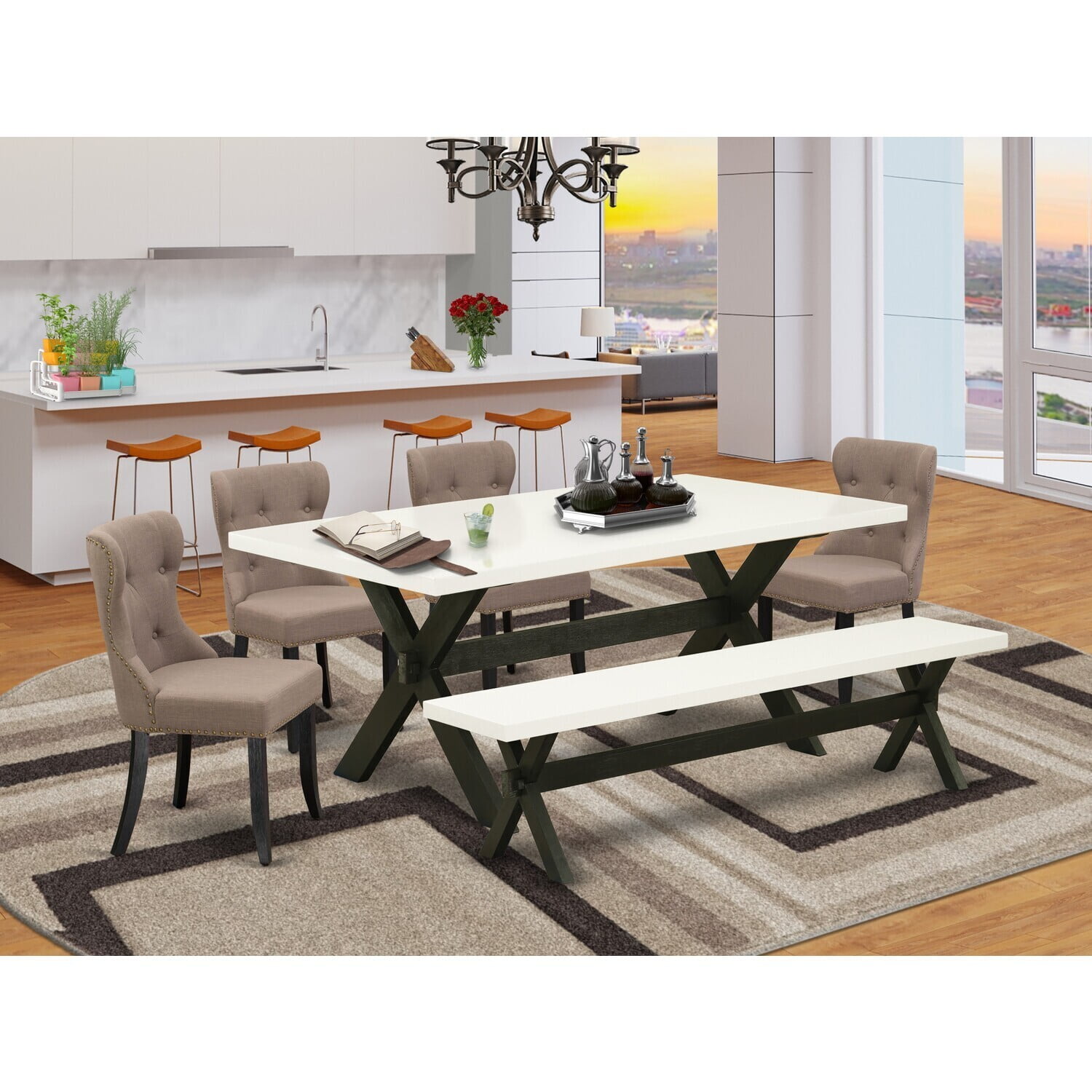 Mid Century Dining Set - 6 Piece TableChair Set with Bench - Linen ...