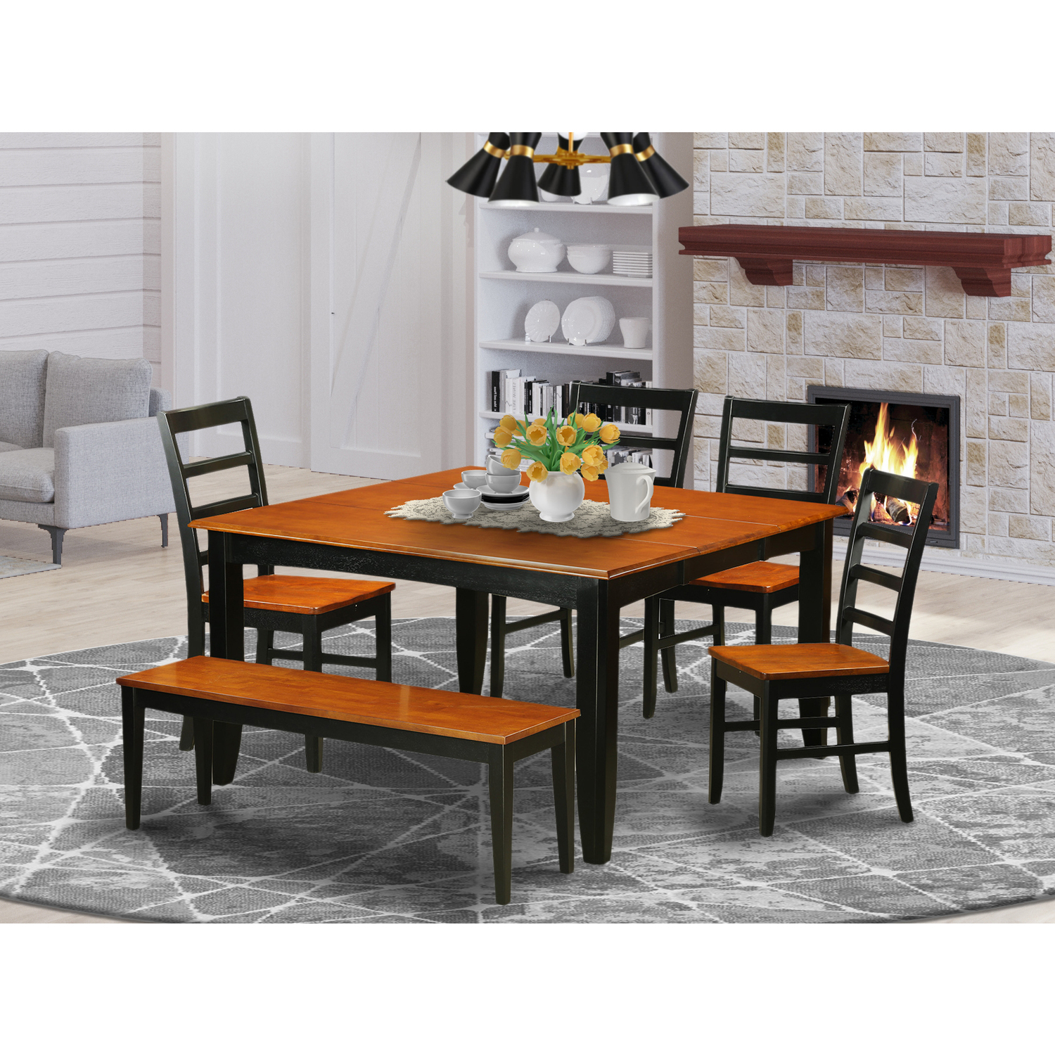 Gothic Dinette Set - Kitchen Table with 4 Chairs & Bench - Asian ...