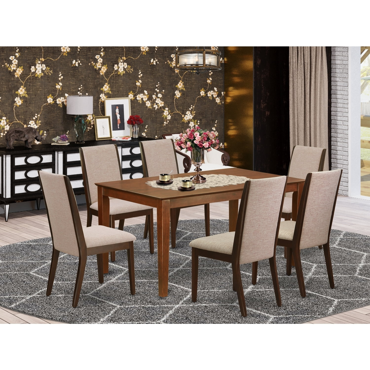 HomeStock Handcrafted Haven 7 Piece Set Consist of a Rectangle Dining Room Table and 6 Light Tan ...