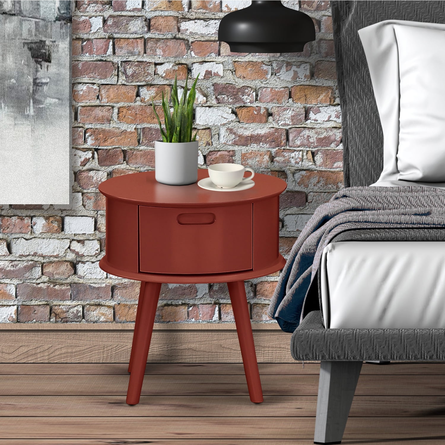 HomeStock Handcrafted Haven Round Night Stand End Table With Drawer In ...