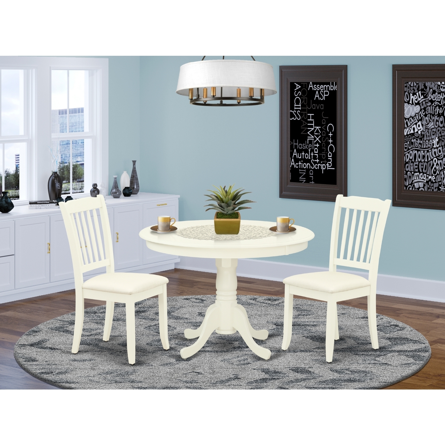 3Pc Dinette Set - Round Kitchen Table & 2 Linen Dining Chairs - Modern ...