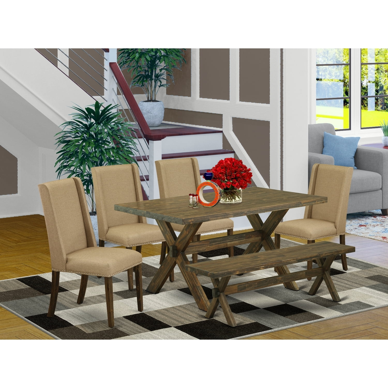 HomeStock Hollywood Regency 6-Pc Modern Dining Table Set-Dark Khaki Fabric Seat And High Stylish ...