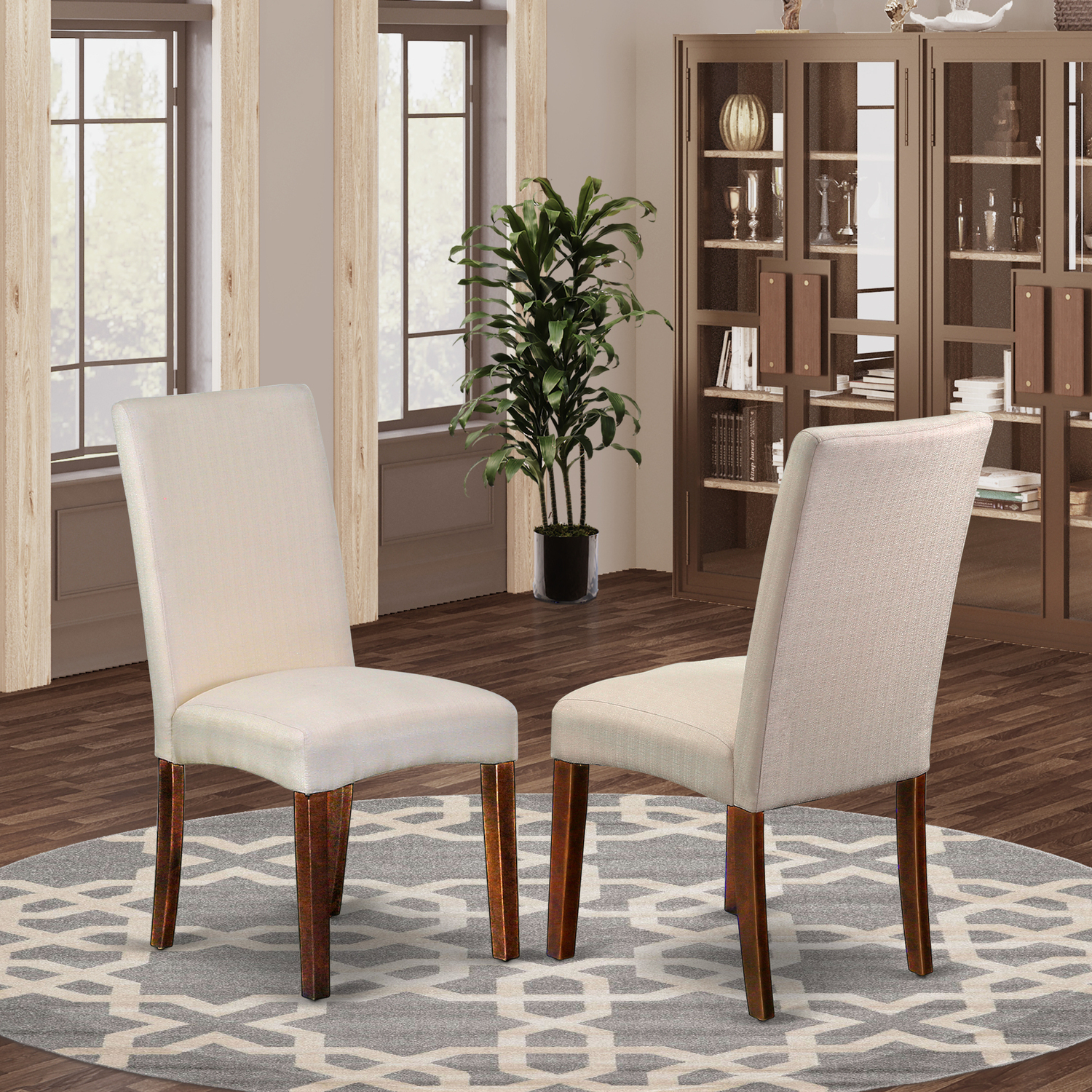 Parson Chair Cream Linen Fabric Mahogany Legs Accent Chair Living Room ...