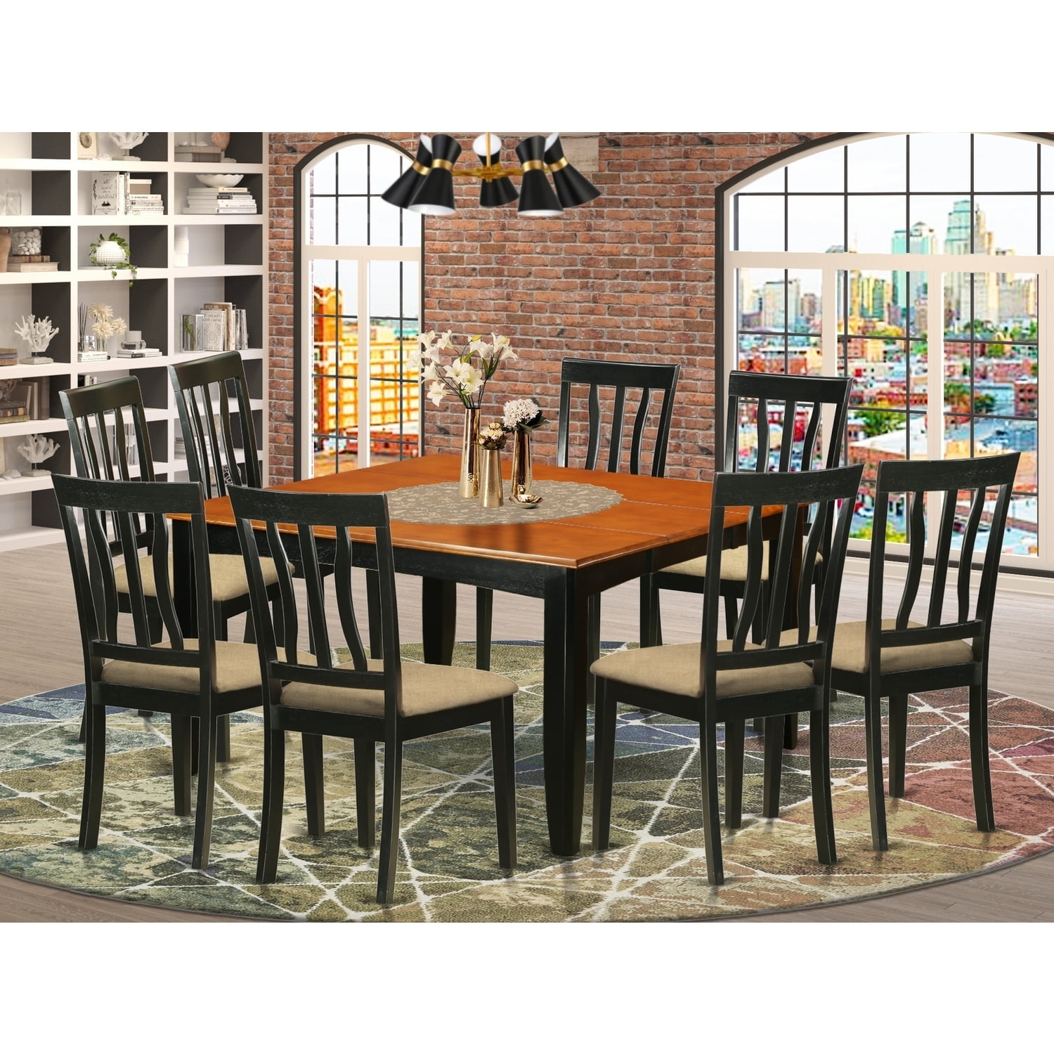 9 Piece Dining Set - Square Table with Leaf & 8 Fabric Chairs - Black ...
