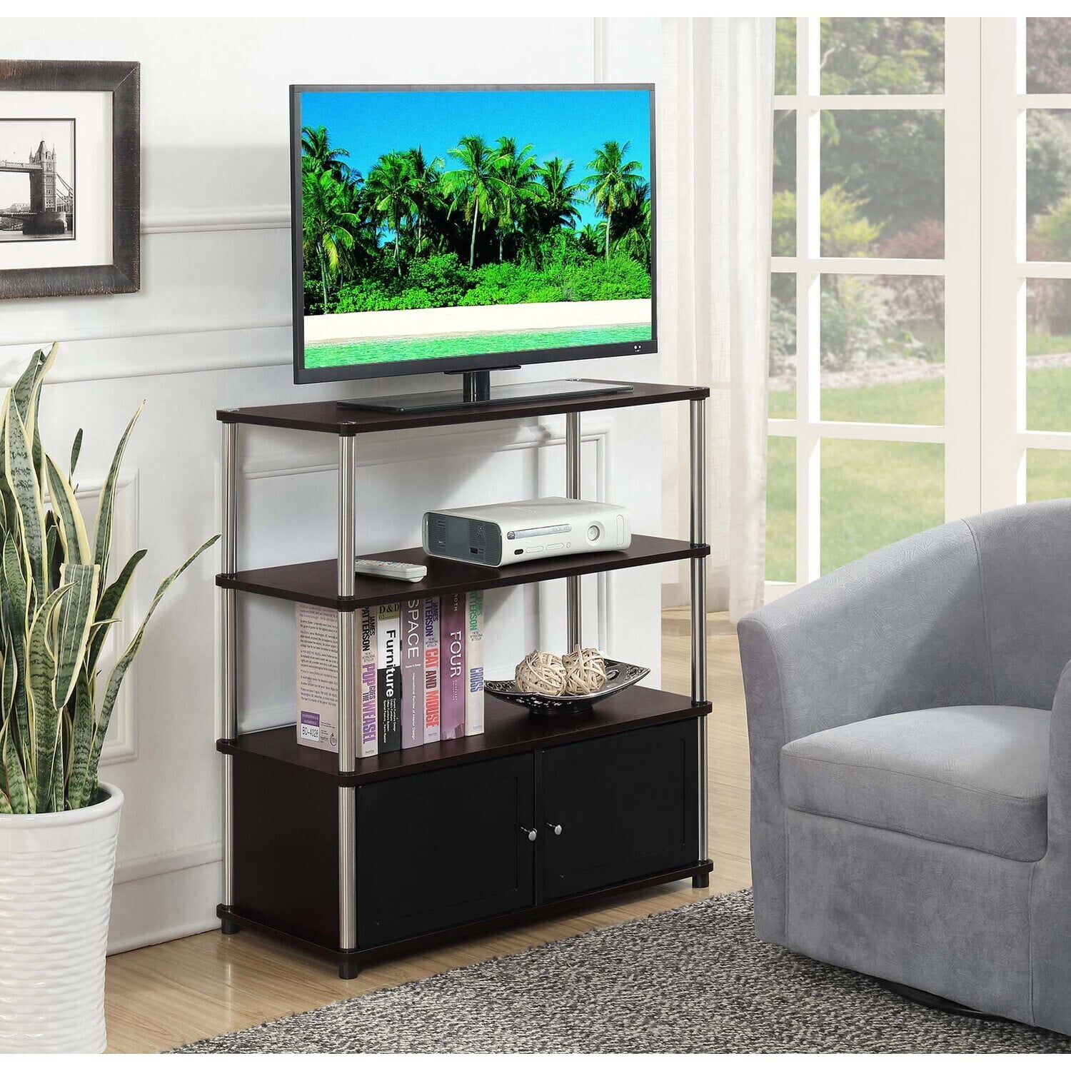 HomeStock Lakefront Luxury Tv Stand With Storage Cabinets And Shelves ...