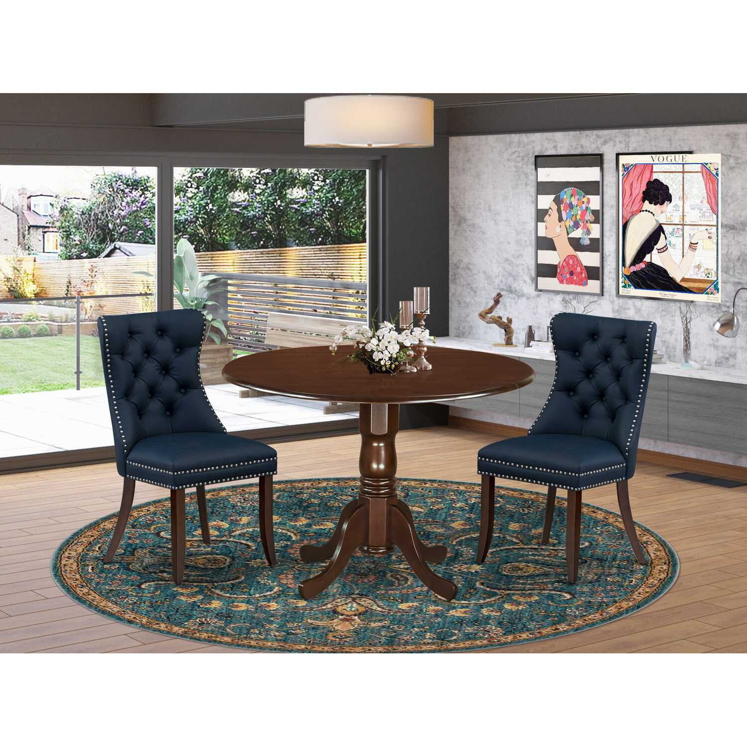 Modern 3 Piece Dining Set - Round Kitchen Table with Dropleaf & 2 Navy ...
