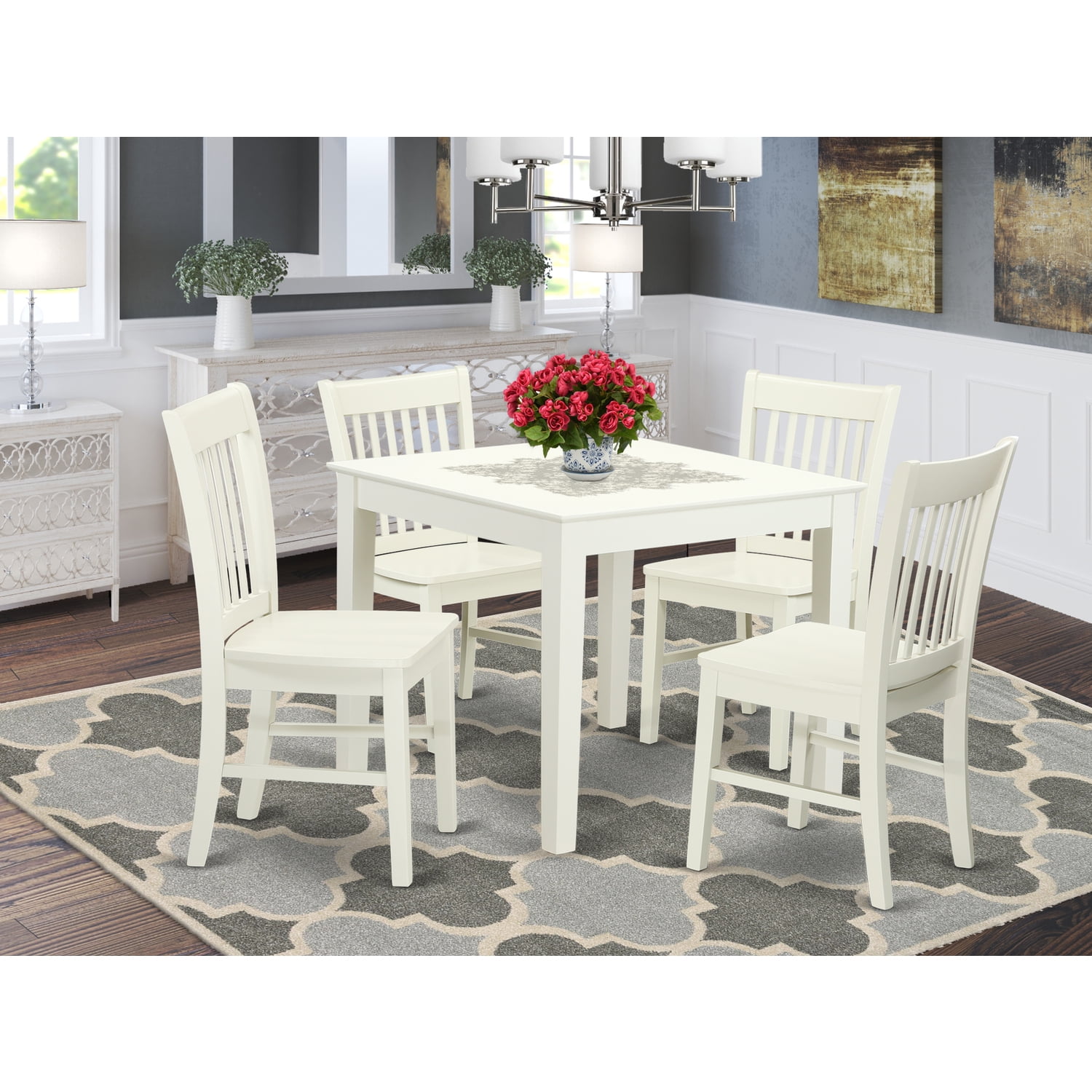 5 Piece Dinette Set - Table & 4 Chairs - Linen White Finish - Kitchen ...