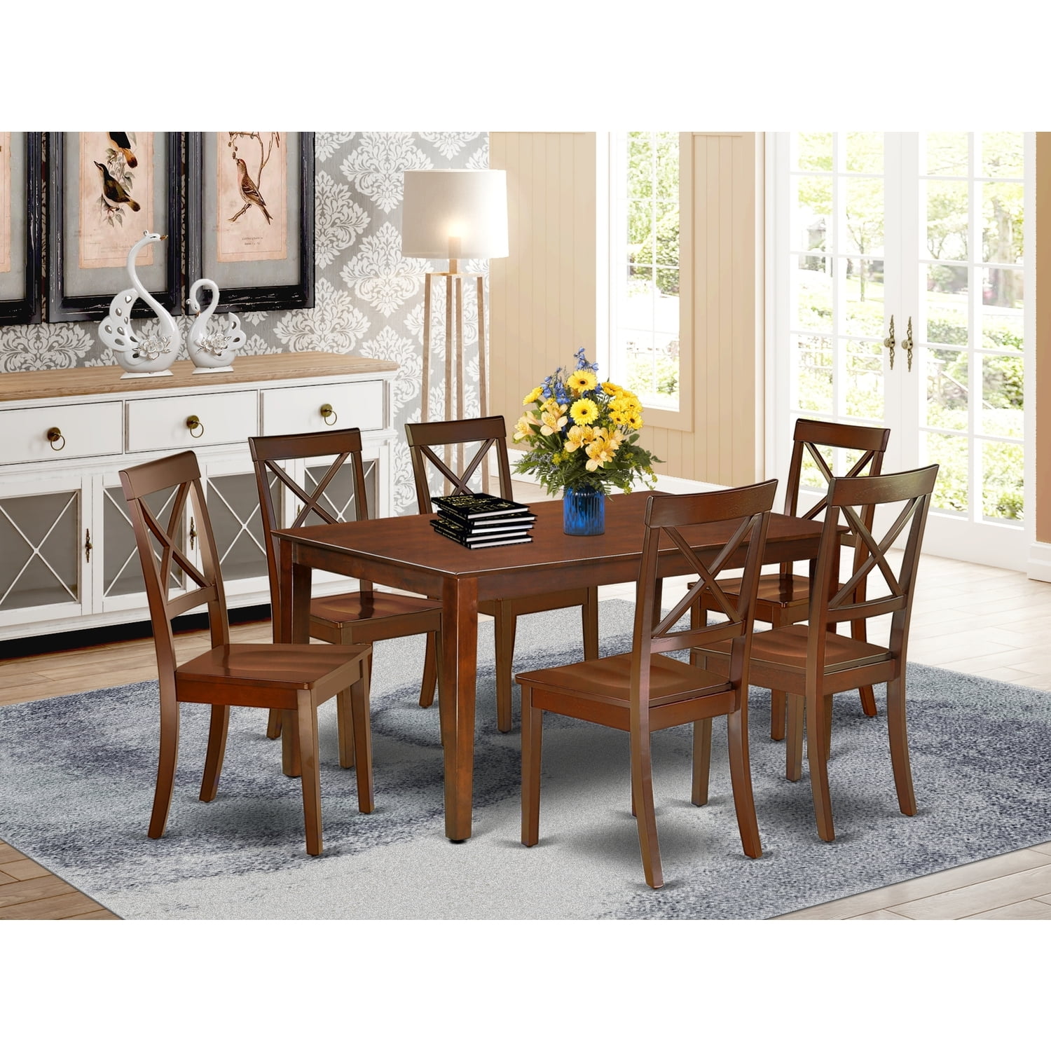 HomeStock Medieval Majesty 7Pc Rectangle 60" Dinner Table And Six Wood Seat Kitchen Chairs ...