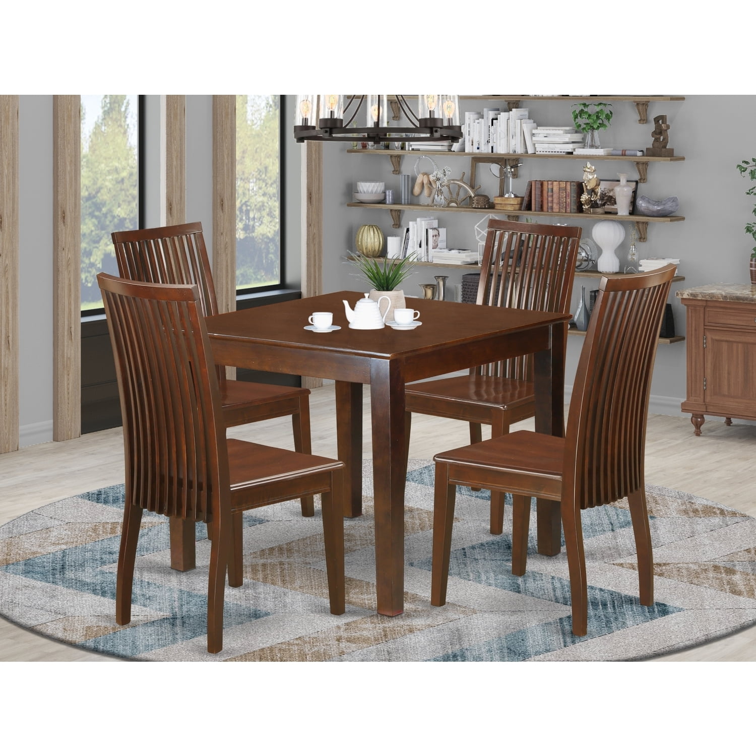 Dinette Set for 4 - 5 Piece Square Table & Chairs - Mahogany Finish ...