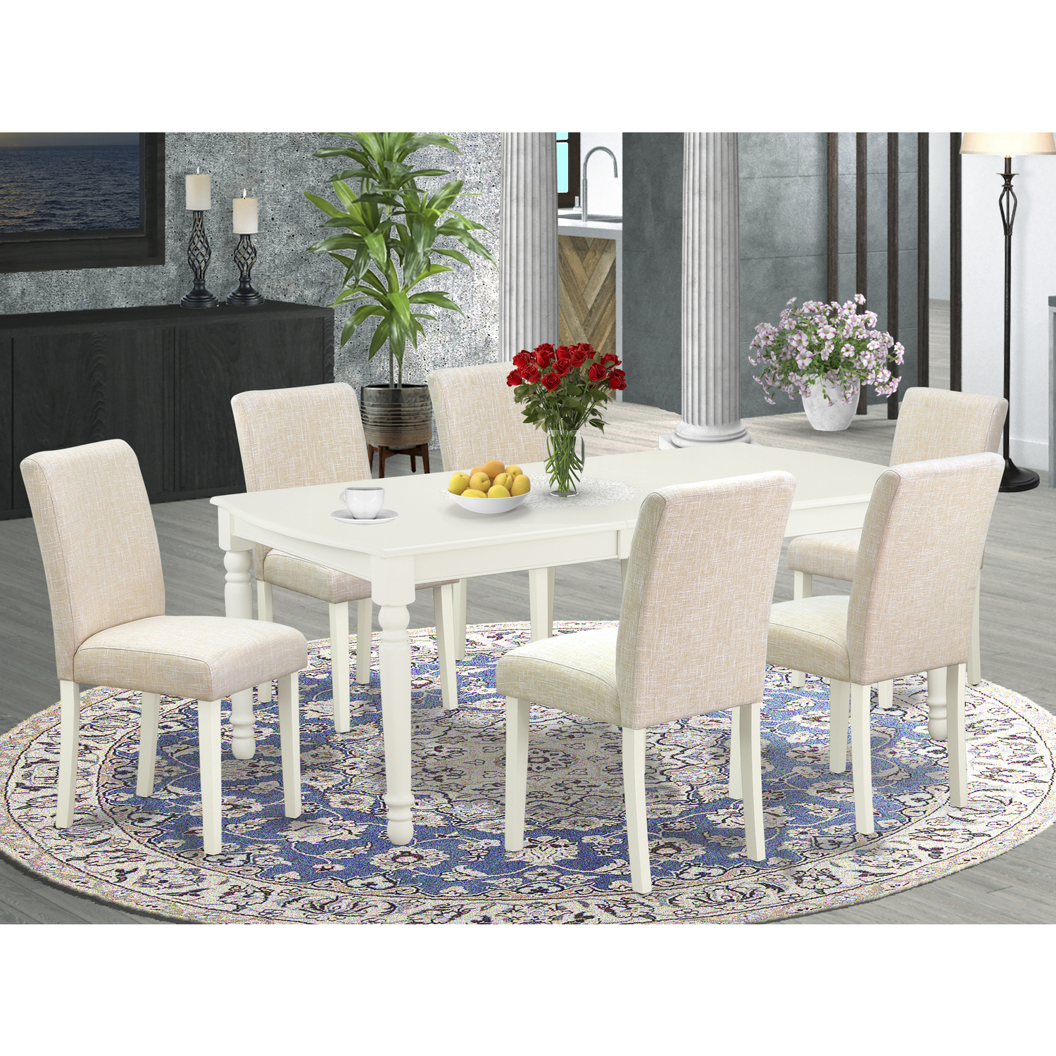Medieval Dining Set 7Pc Rectangle Table & 6 Chairs - Linen White Legs, Beige Fabric - Walmart.com
