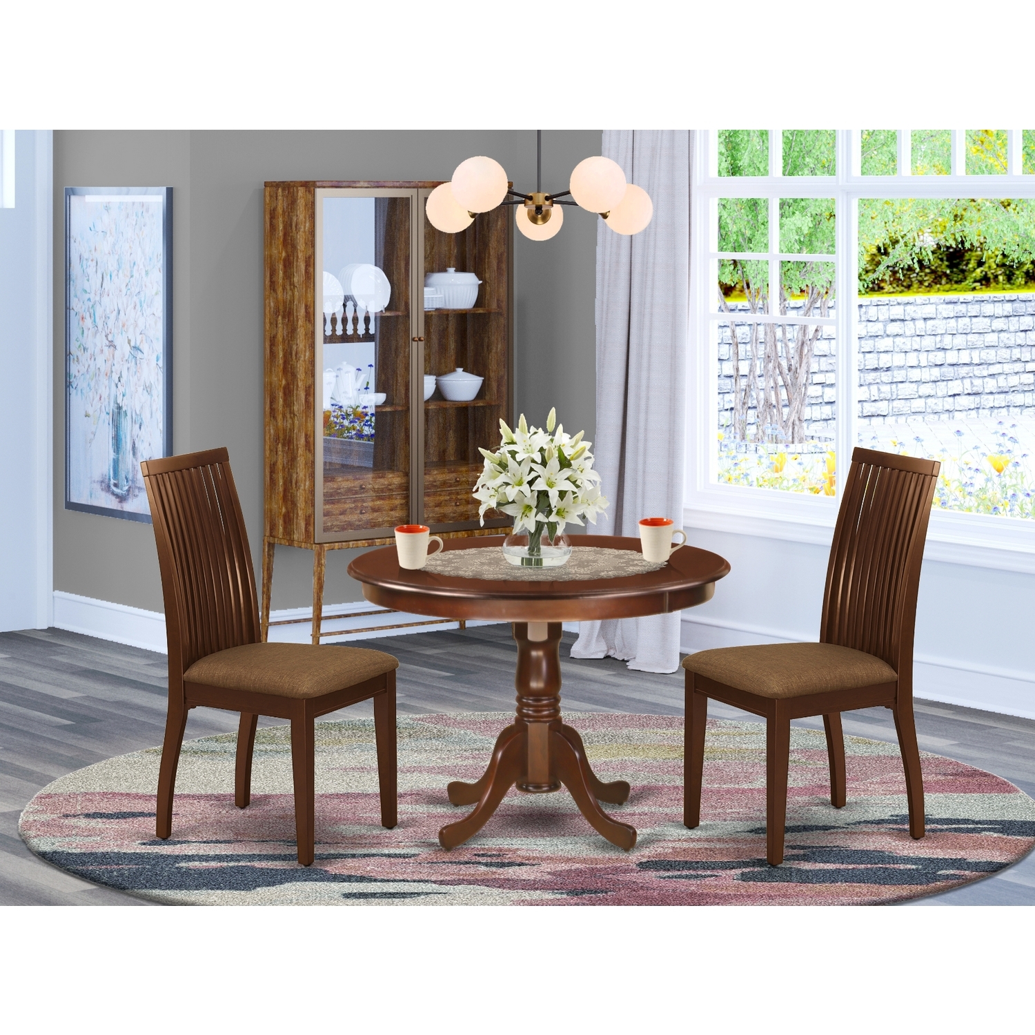 Round Kitchen Dinette Set - 3 Piece Table & Chair Set - Mahogany Finish ...