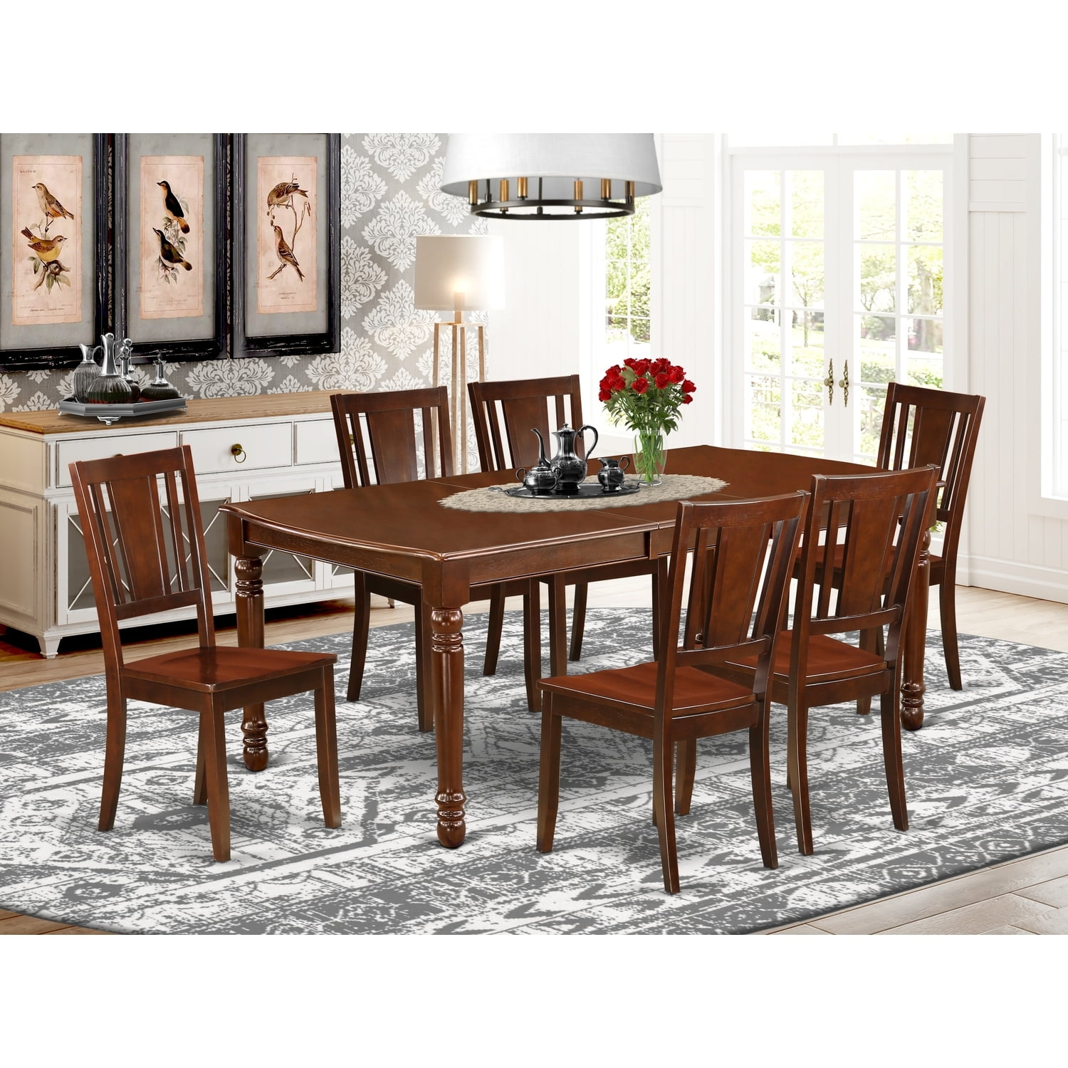 Mediterranean Dining Set 7Pc Rectangular Table w/ Leaf & 6 Wood Chairs ...