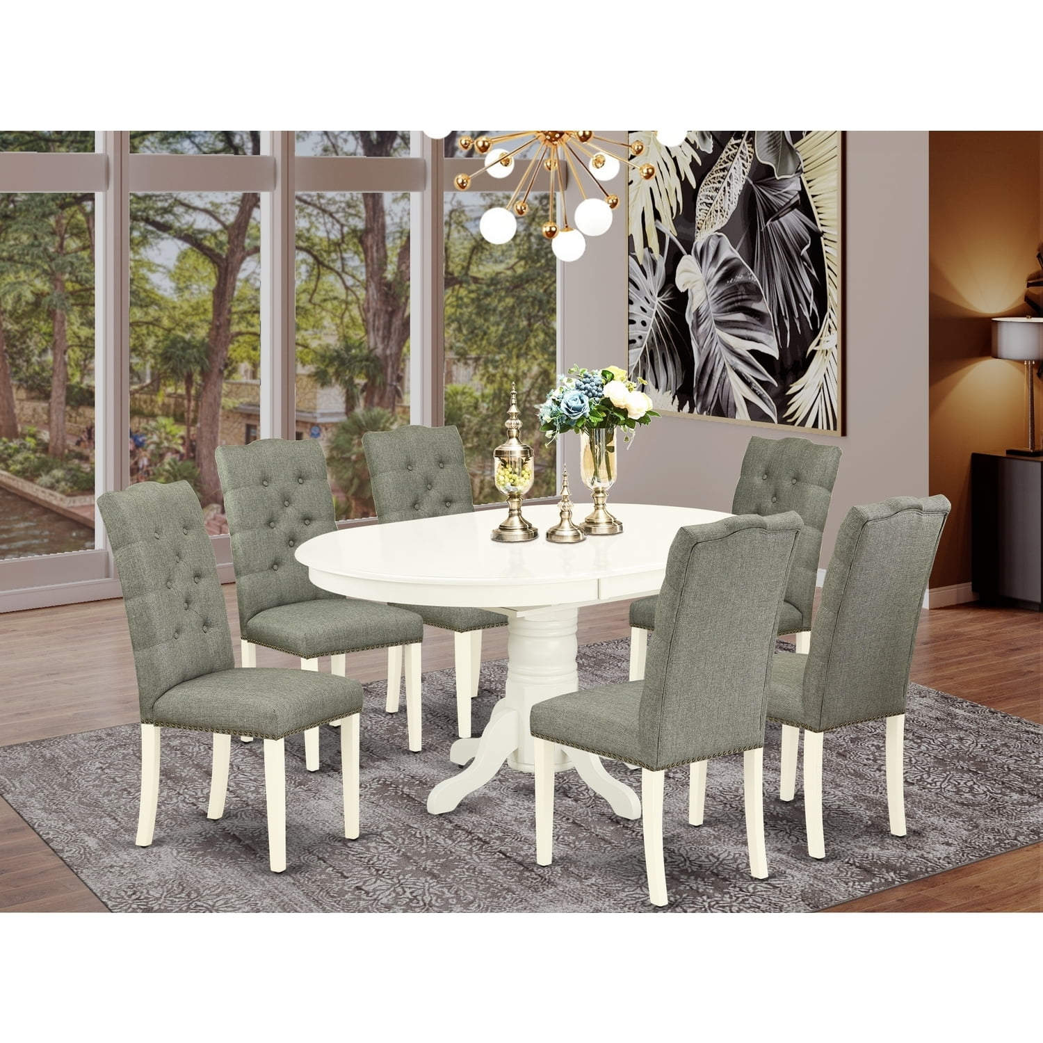7-Piece Dining Room Set - Parson ChairsPedestal Table - Linen White ...