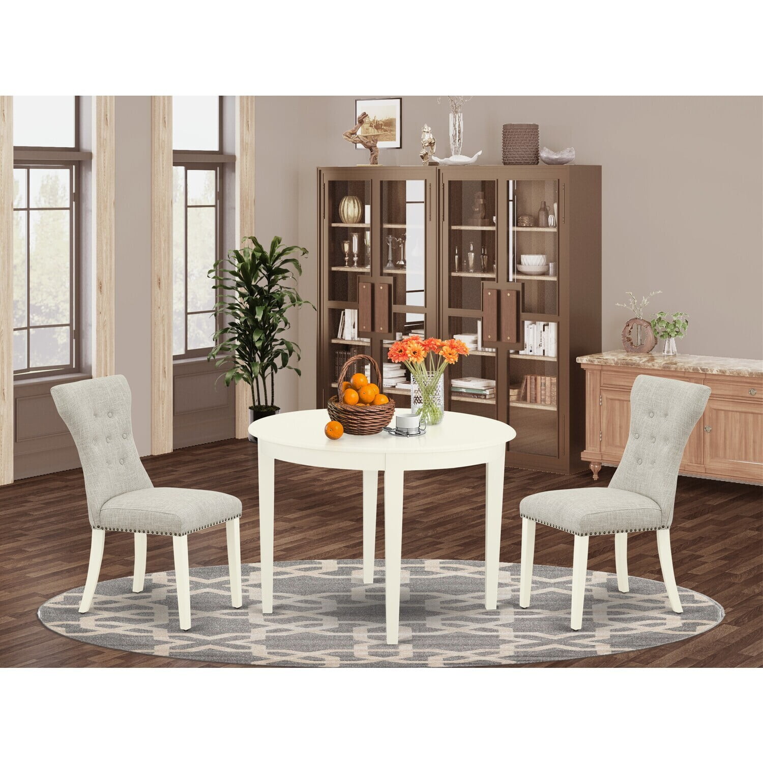 Round Dinette Set - 3 Piece Kitchen Table & Chairs - Linen White Finish ...