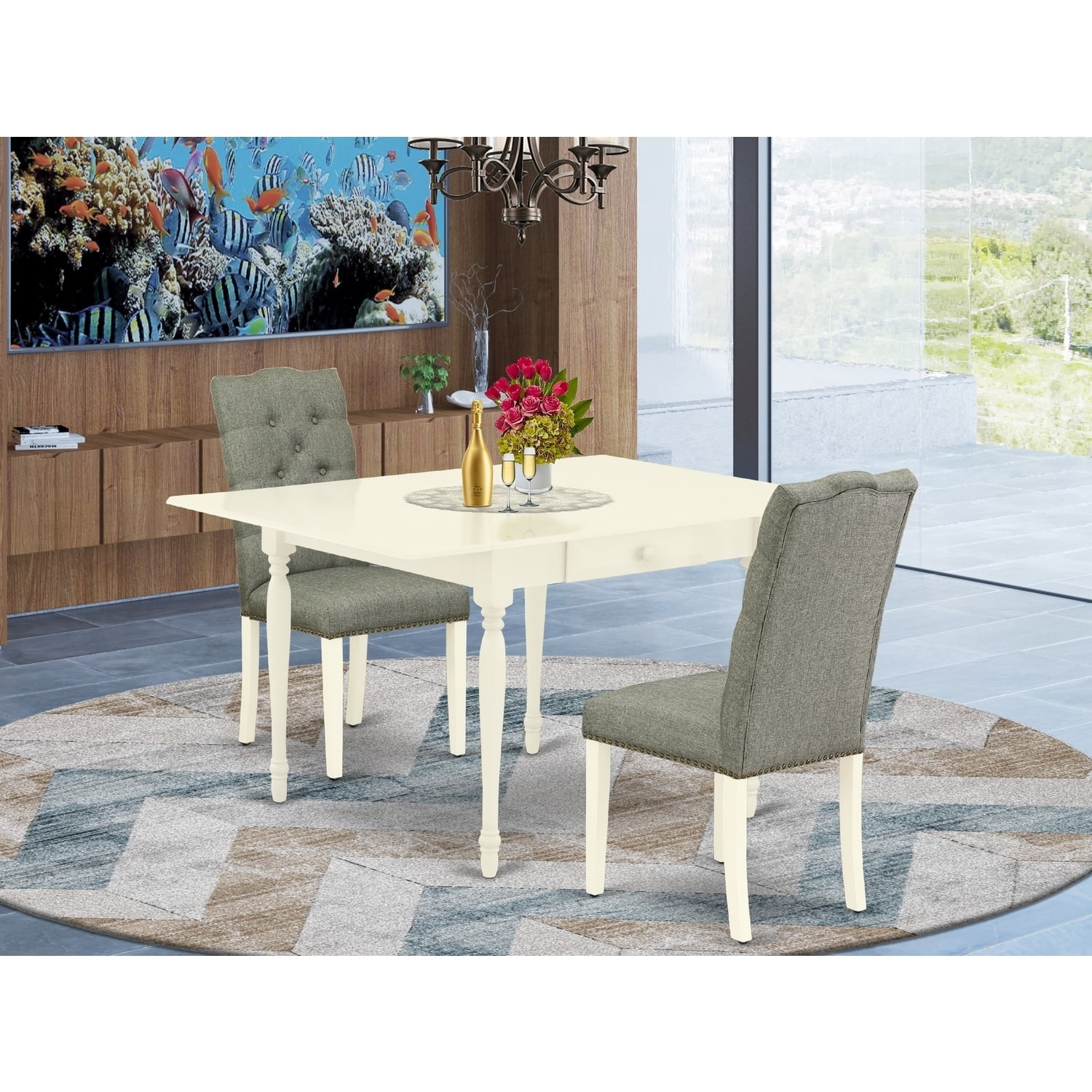 Rectangular Drop Leaf Dining Set - Table & 2 Kitchen Chairs - Linen ...