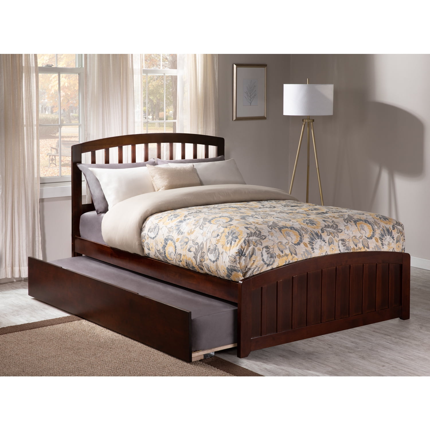 Modern Full Platform Bed with Footboard & Trundle - Walnut Finish ...