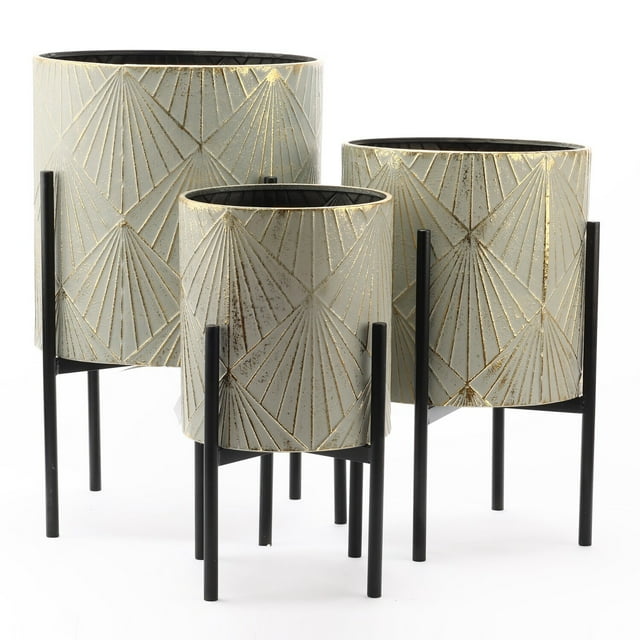 HomeStock Modern Marvel Set Of 3 Gray And Gold Metal Cachepot Planters ...